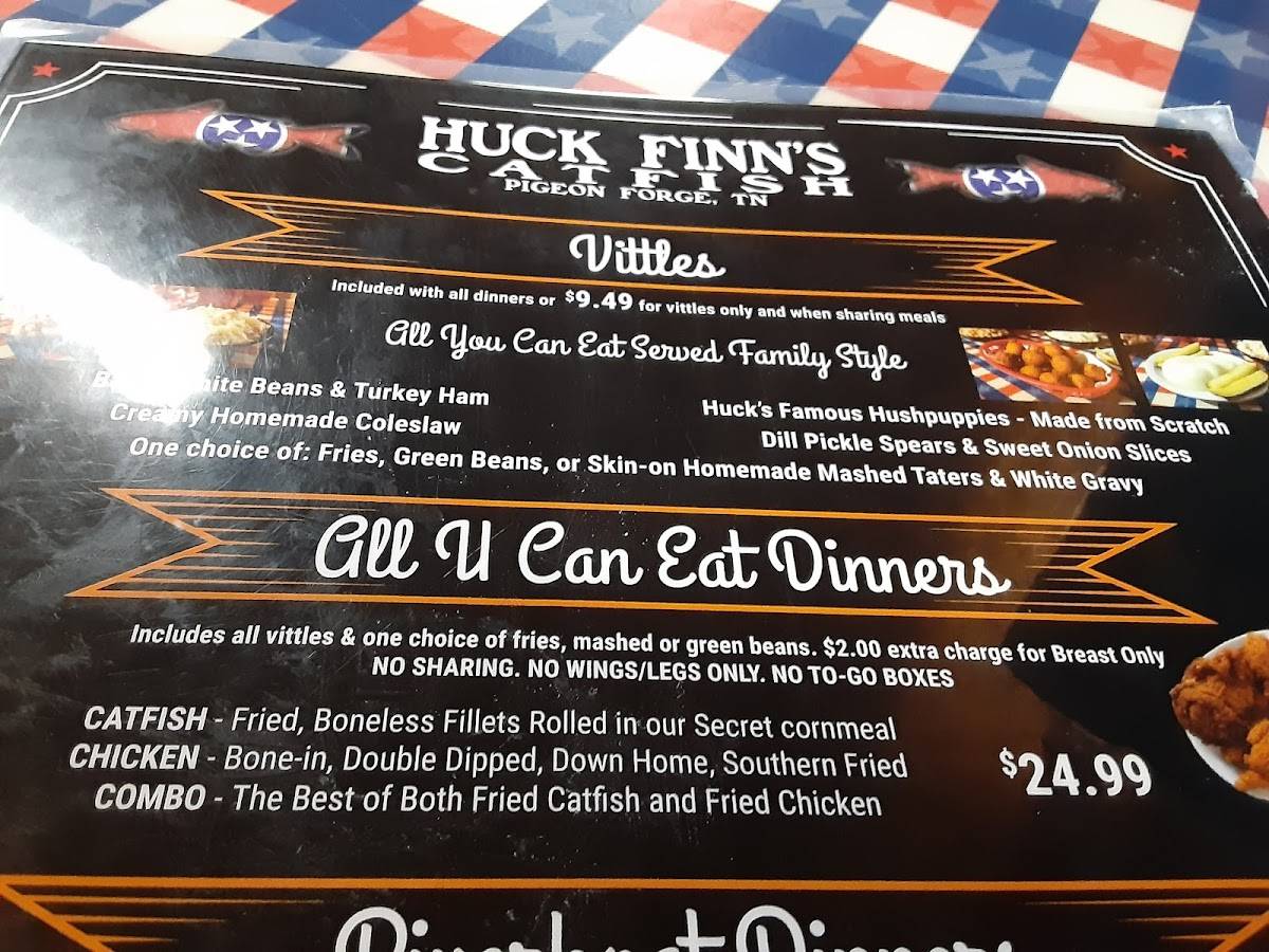 Menu at Huck Finn's Catfish restaurant, Pigeon Forge