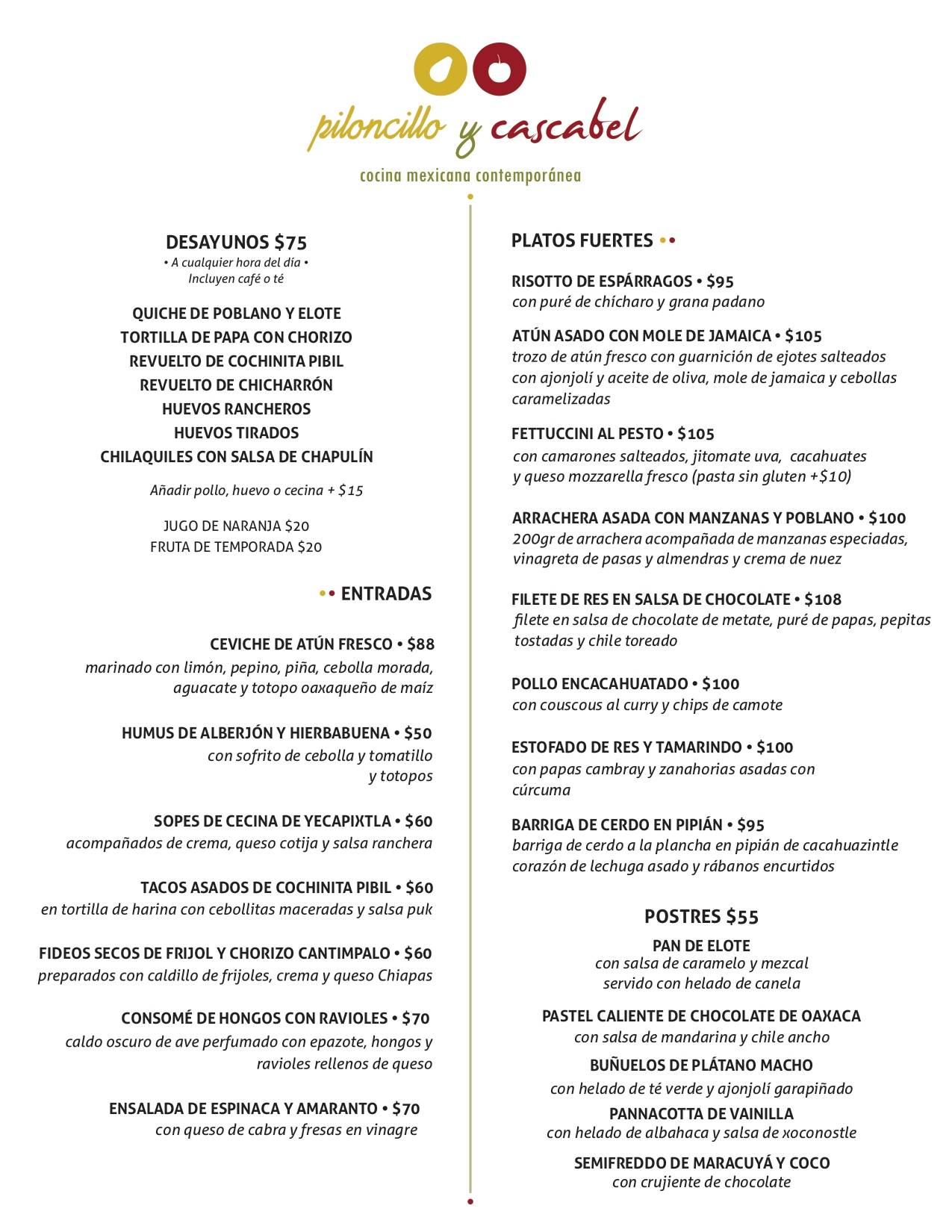 Carta del restaurante Piloncillo y Cascabel, Ciudad del México