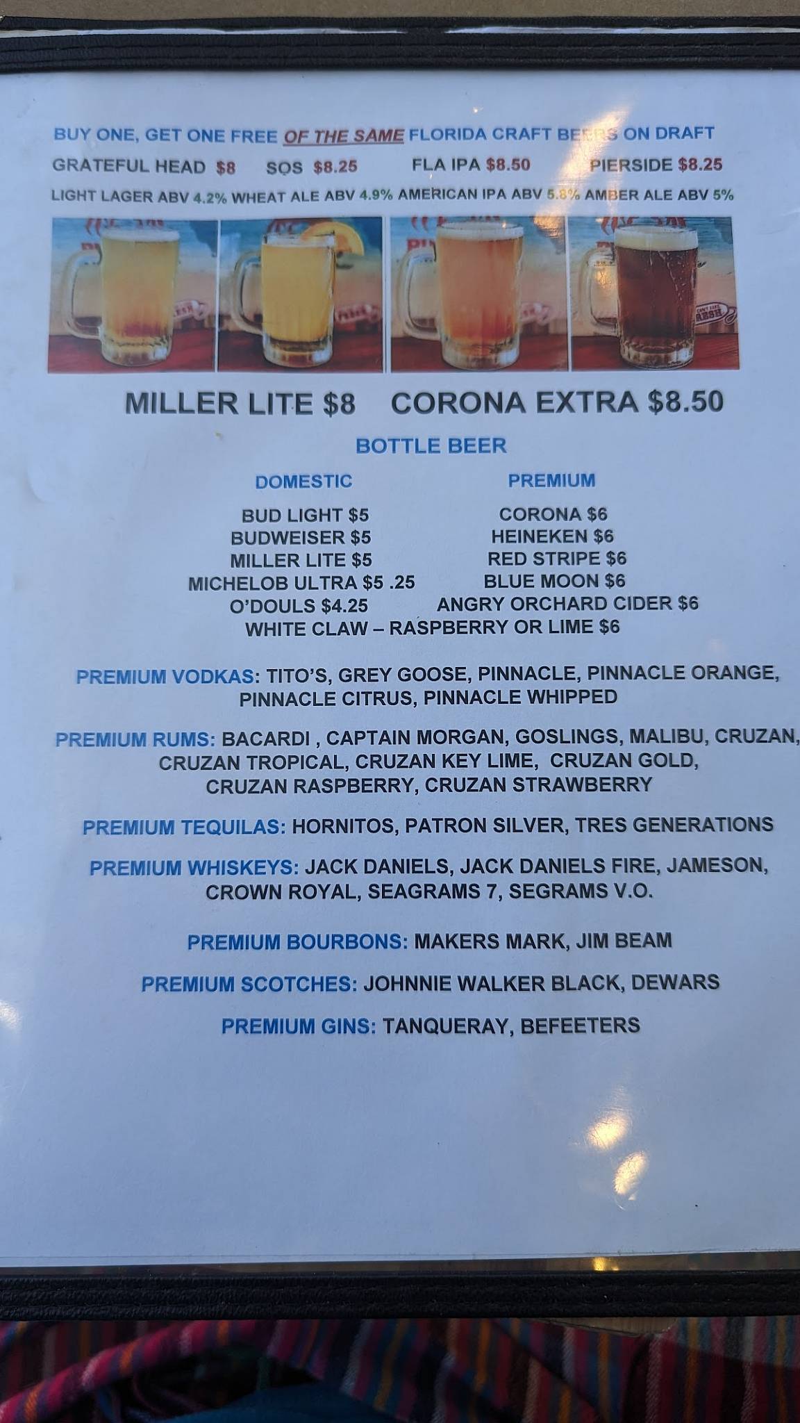 Menu at Pinchers restaurant, Key West