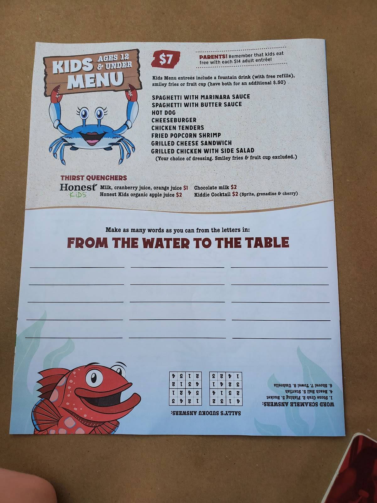 Menu at Pinchers restaurant, Key West
