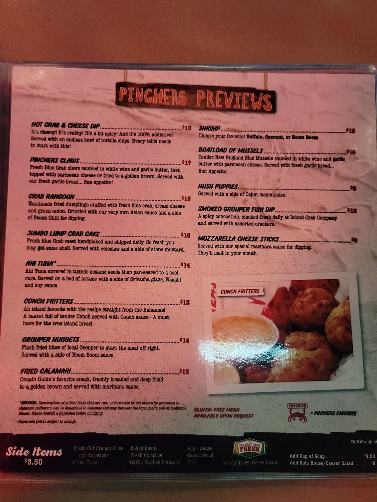 Menu at Pinchers restaurant, Key West