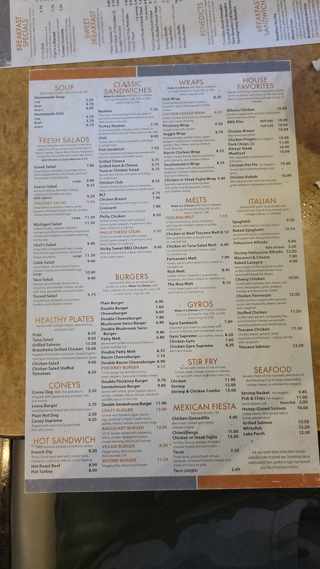 Menu at Pinckney Diner restaurant, Pinckney, 150 S Howell St
