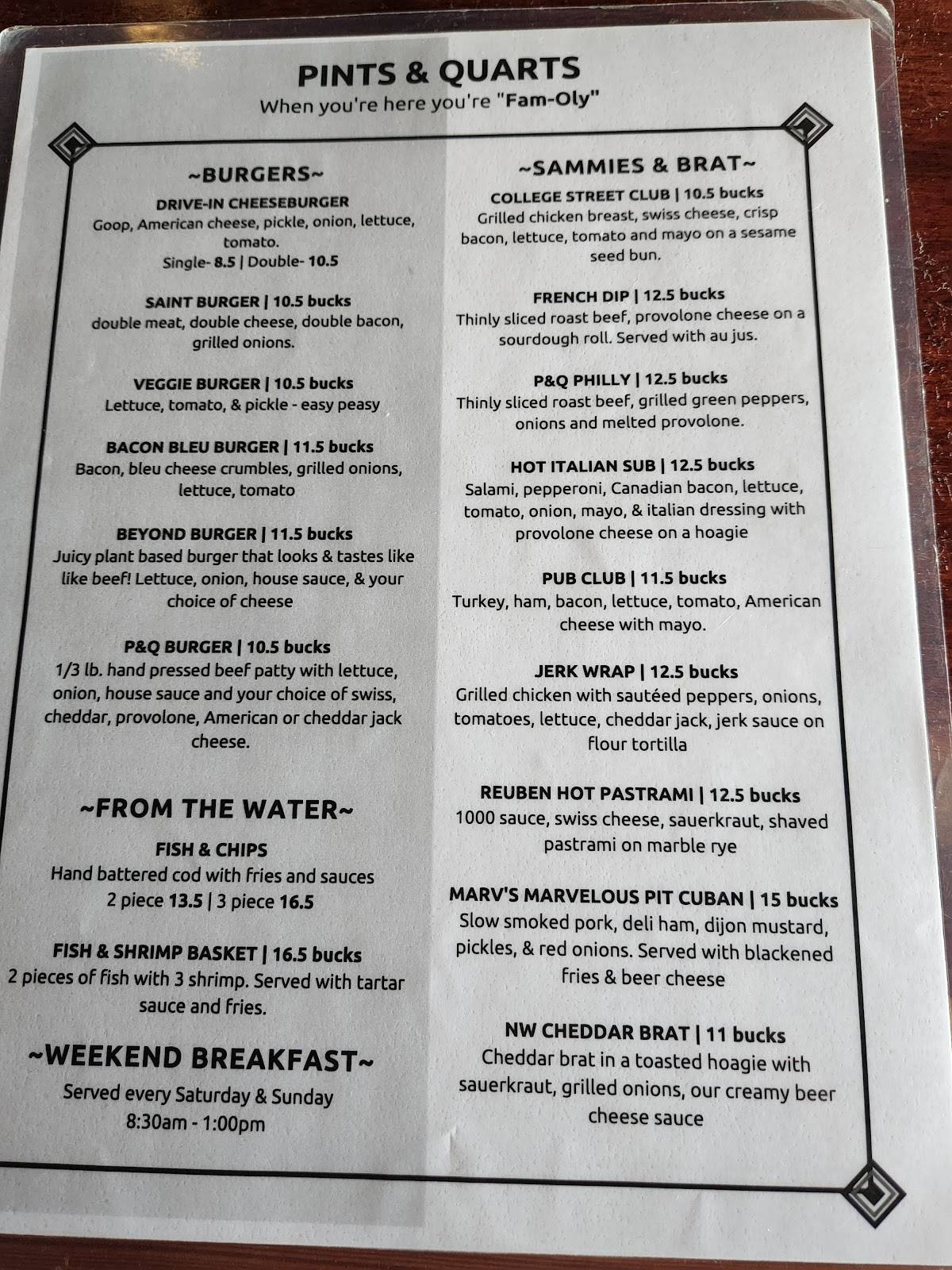 Menu at Pints & Quarts - Lacey pub & bar, Lacey, College St SE