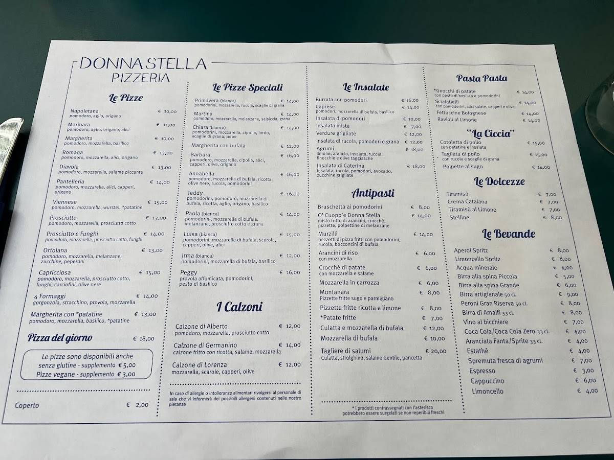 Menu at Pizzeria Donna Stella, Amalfi
