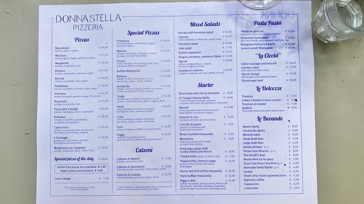 Menu at Pizzeria Donna Stella, Amalfi