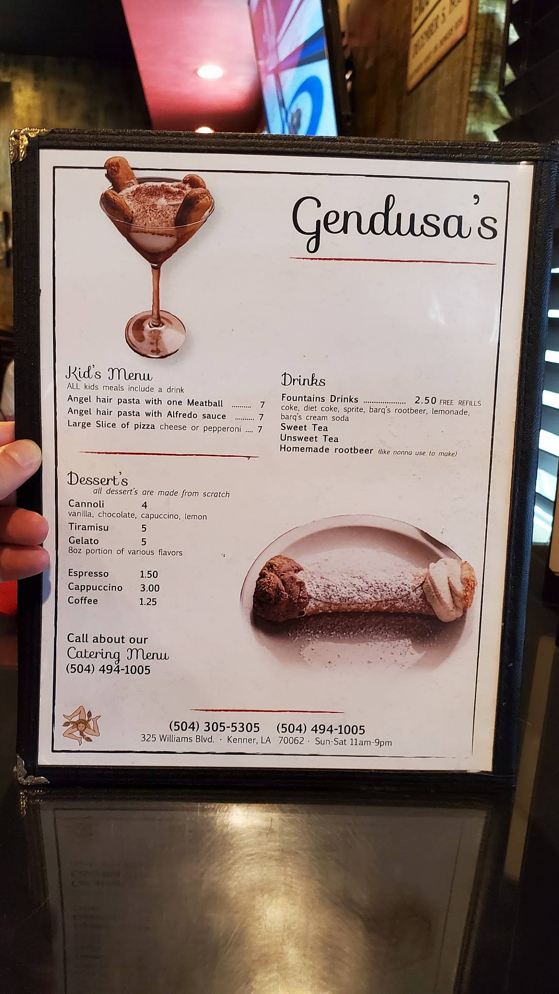 Menu at Gendusa's Italian Eatery pizzeria, Kenner