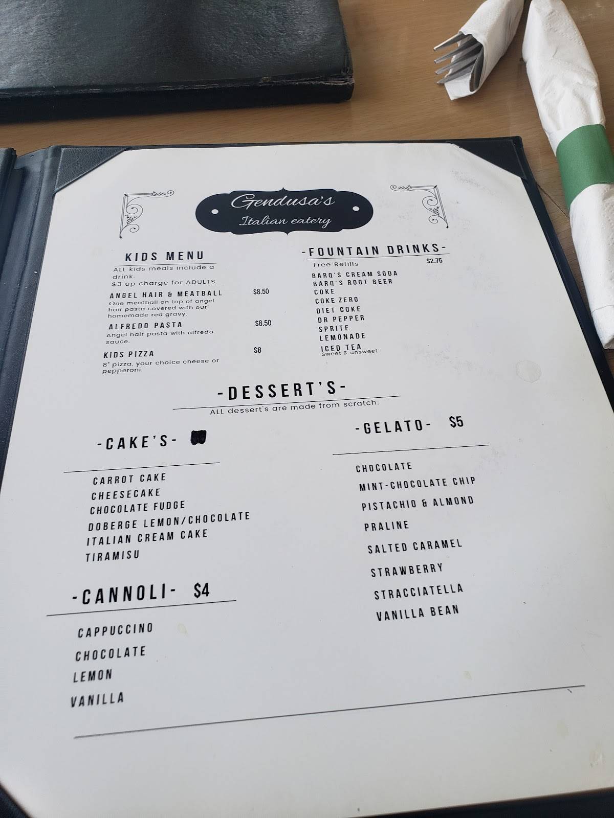 Menu at Gendusa's Italian Eatery pizzeria, Kenner