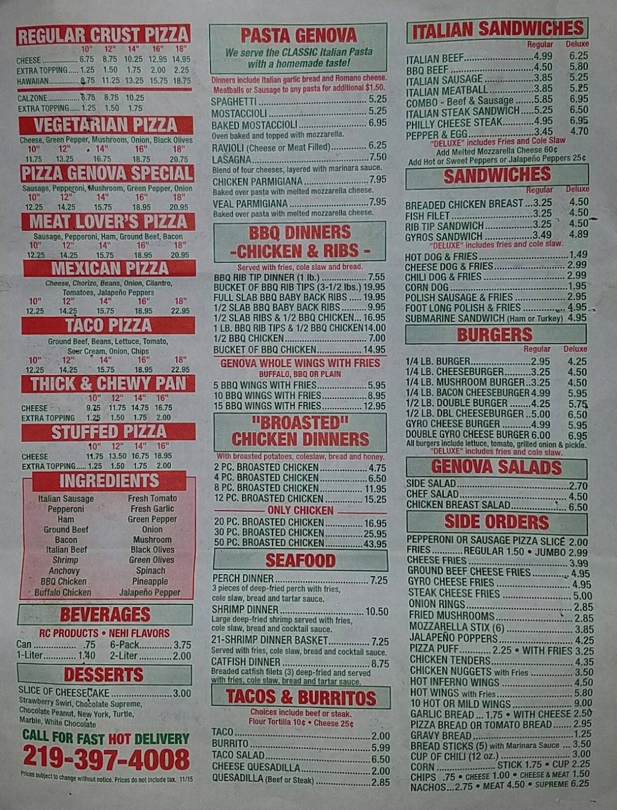 Menu at Genova Pizza pizzeria, East Chicago