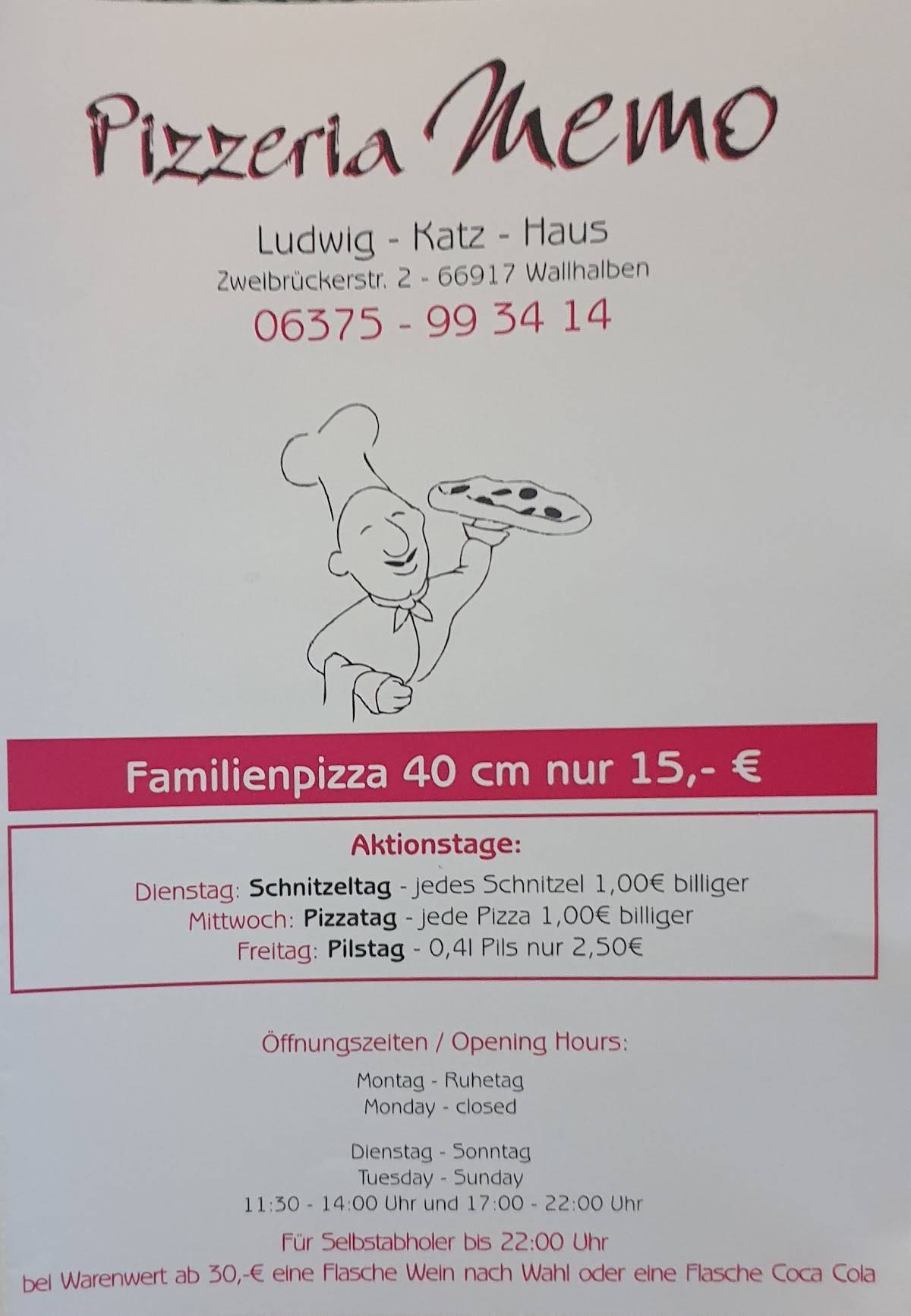 Speisekarte von Pizzeria Memo, Wallhalben, Zweibrücker Str. 2