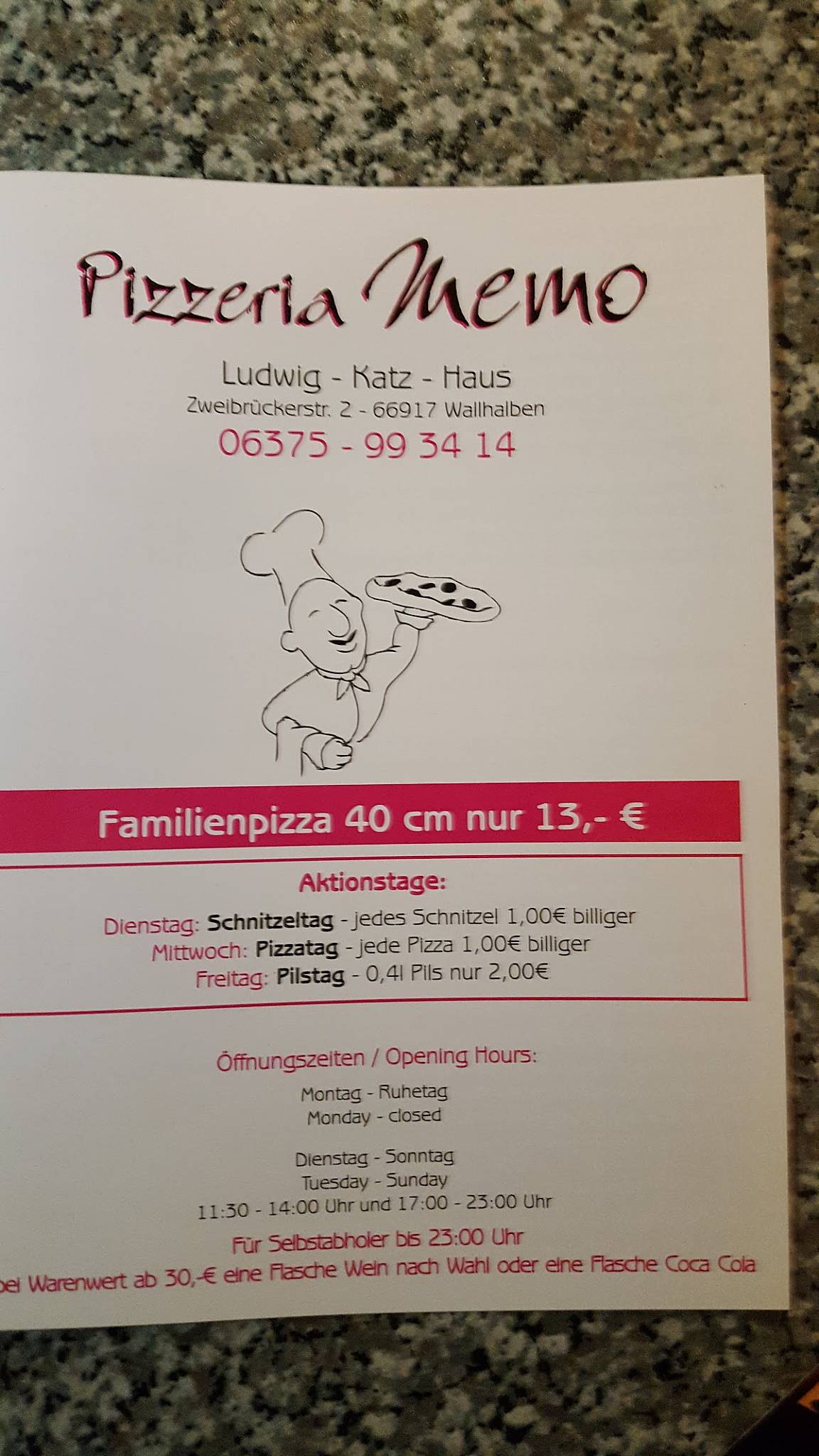 Speisekarte von Pizzeria Memo, Wallhalben, Zweibrücker Str. 2