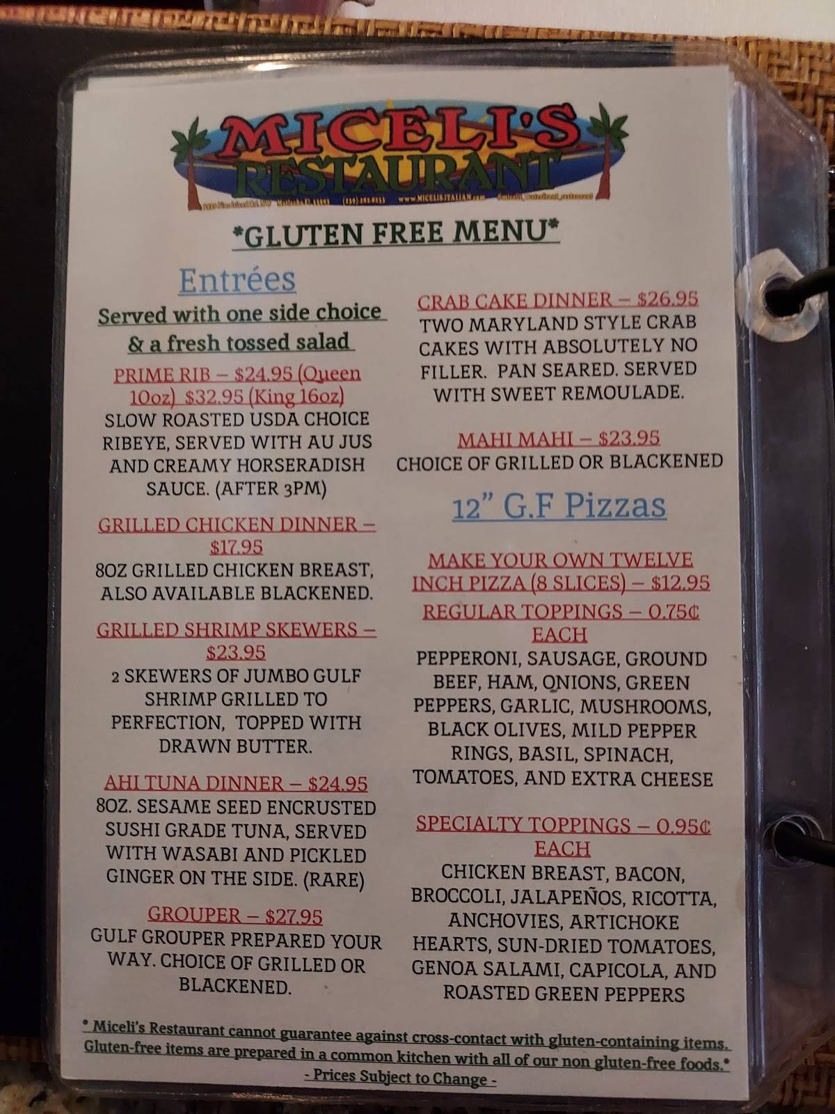 Menu at Miceli's Restaurant, Matlacha