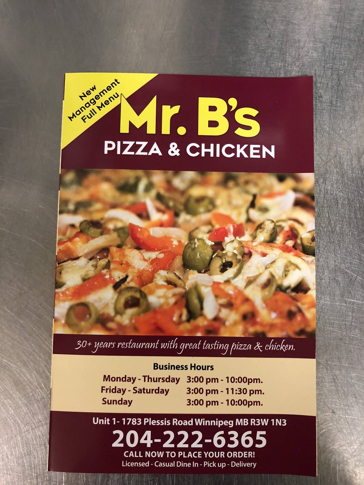 Menu at Mr B's Pizza & Chicken pizzeria, Winnipeg