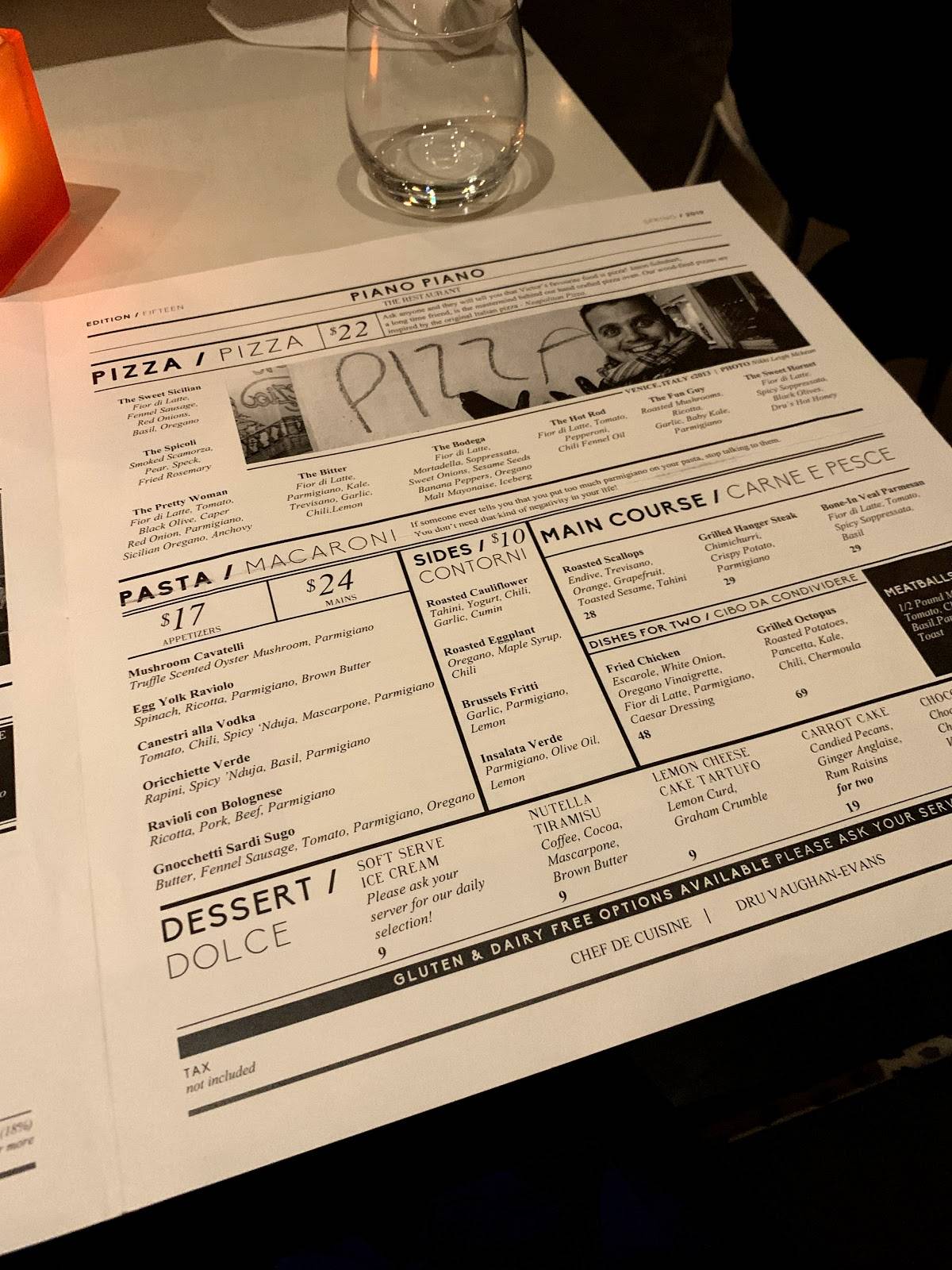 Menu at Piano Piano Restaurant, Toronto, 88 Harbord St