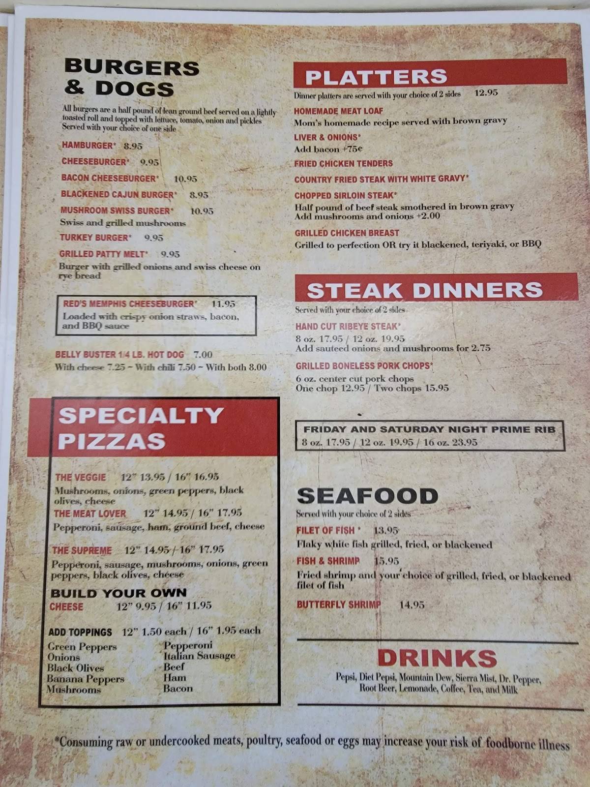 Menu at Red's Ale House on Peavine pizzeria, Fairfield Glade