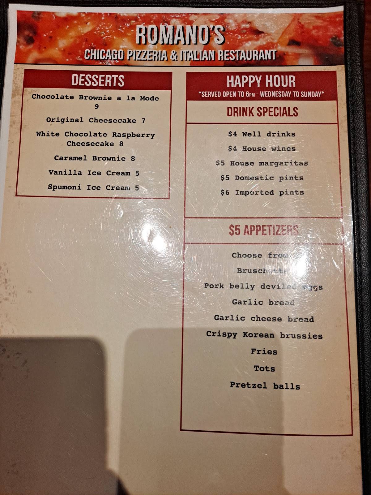 Menu at Romano's Chicago Pizzeria, Lake Havasu City