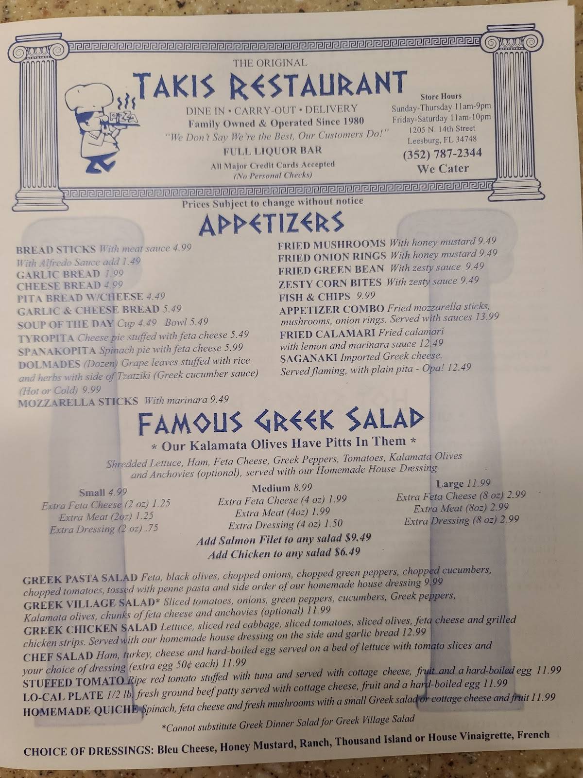 Menu at Takis Restaurant, Leesburg, N 14th St