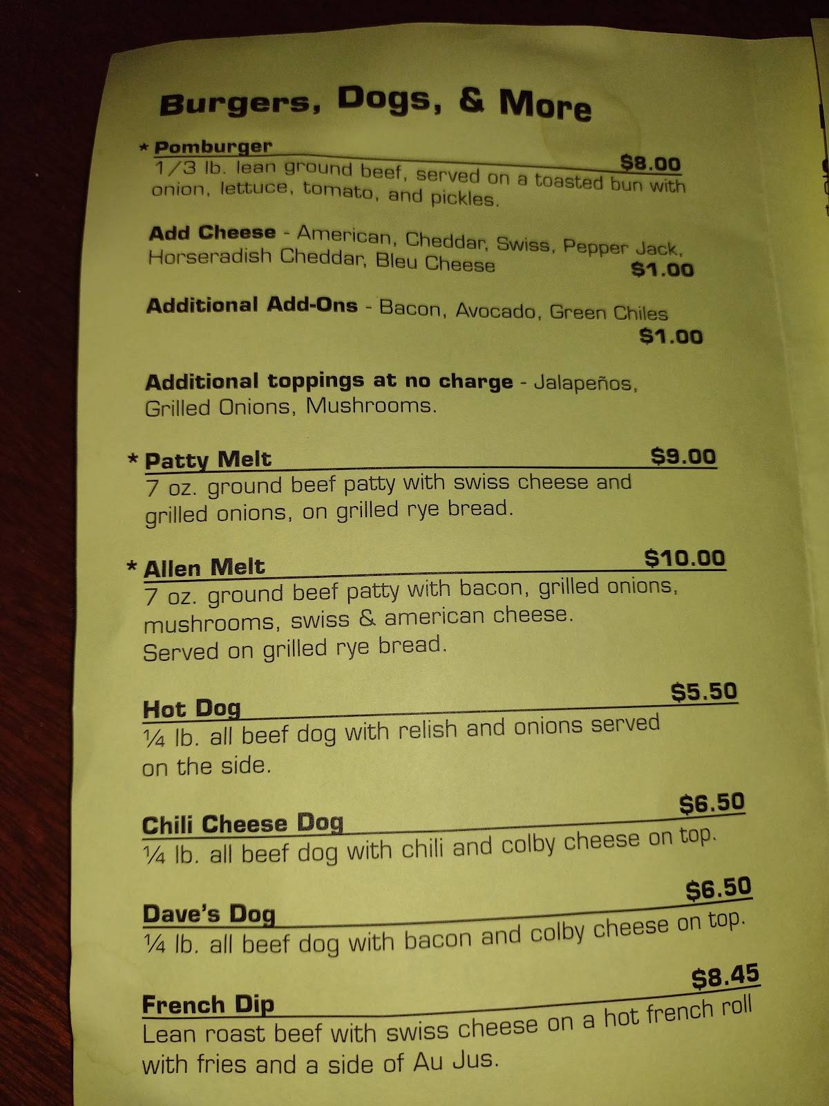 Menu at Pomeroy's pub & bar, Phoenix, N 7th St Suite 100