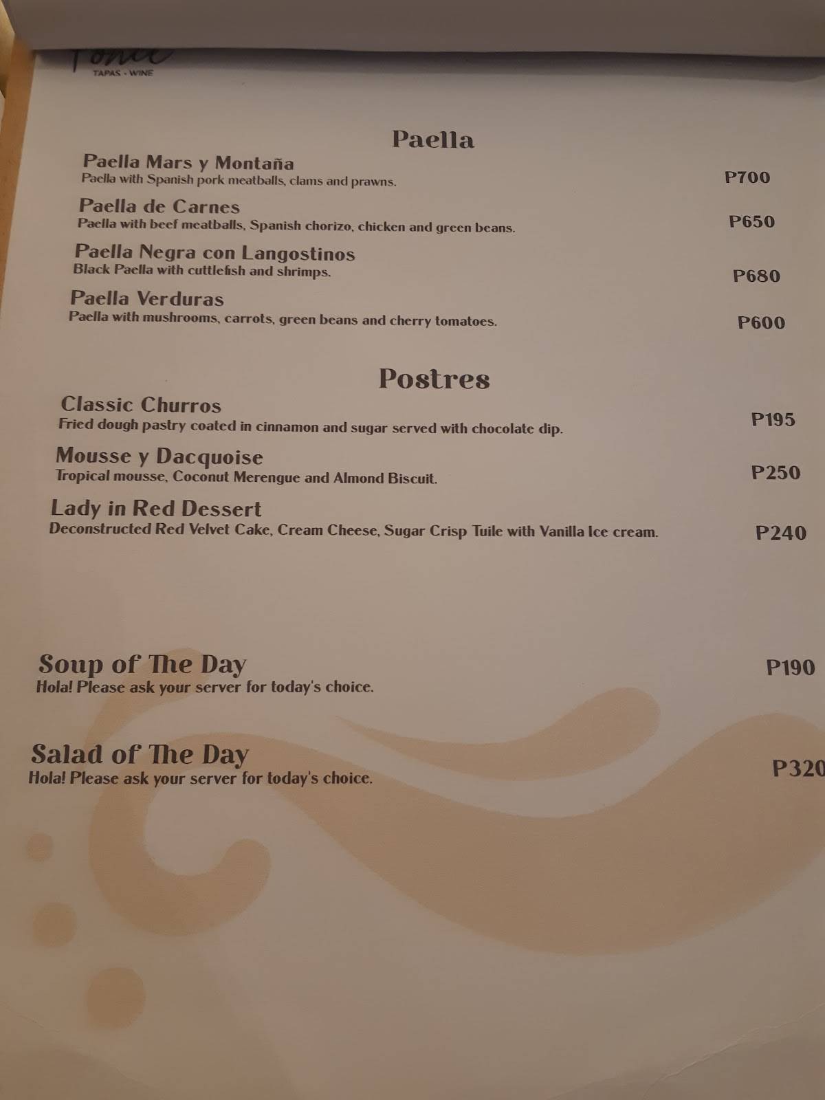 Menu at Ponce restaurant, Quezon City
