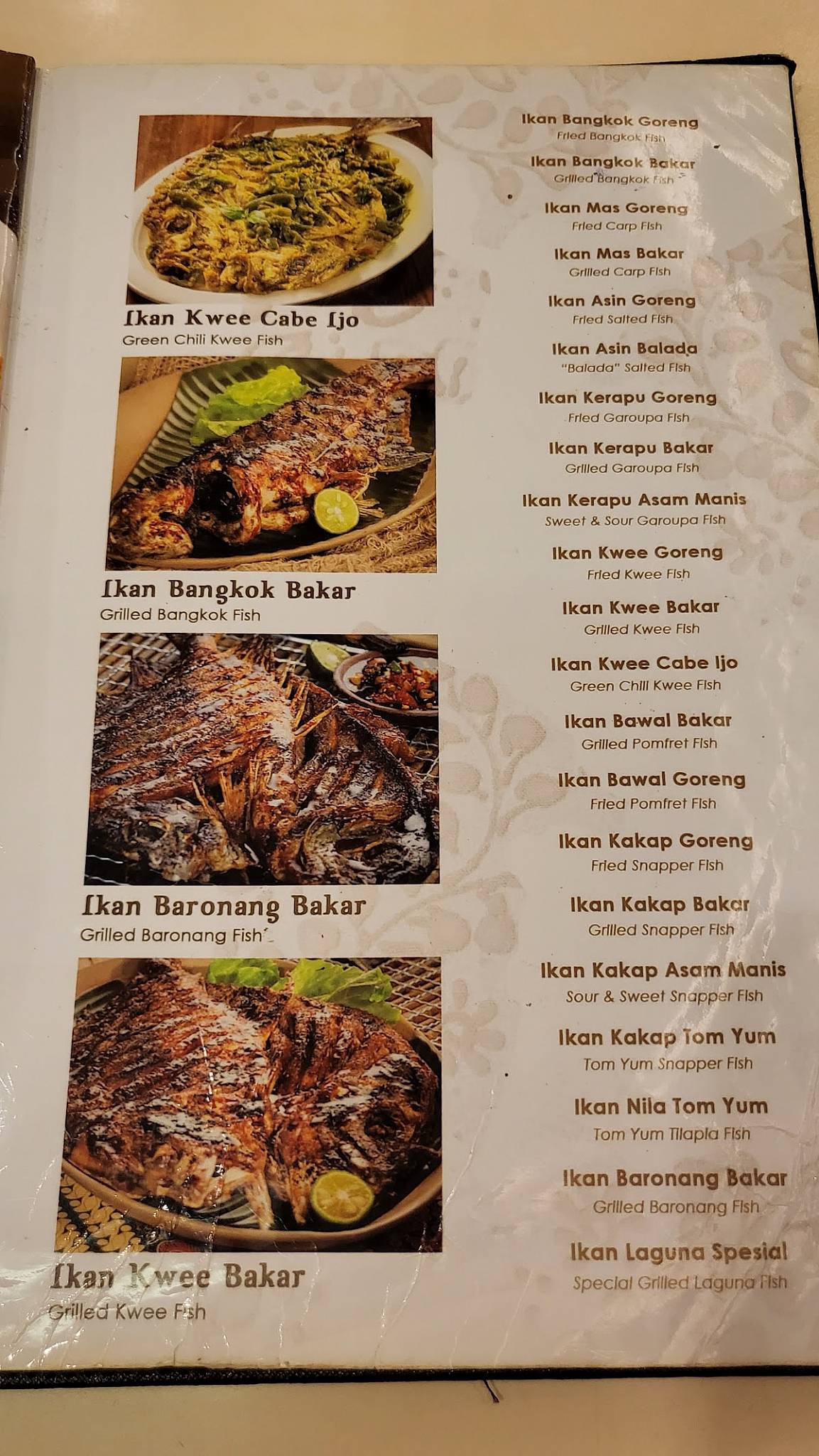 Menu at Pondok Laguna restaurant, Jakarta, 3