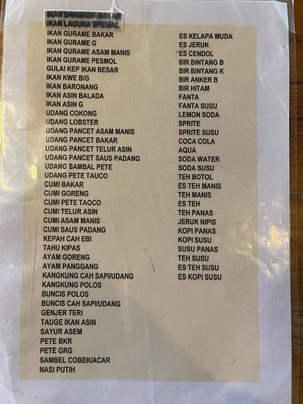 Menu at Pondok Laguna restaurant, Jakarta, 3