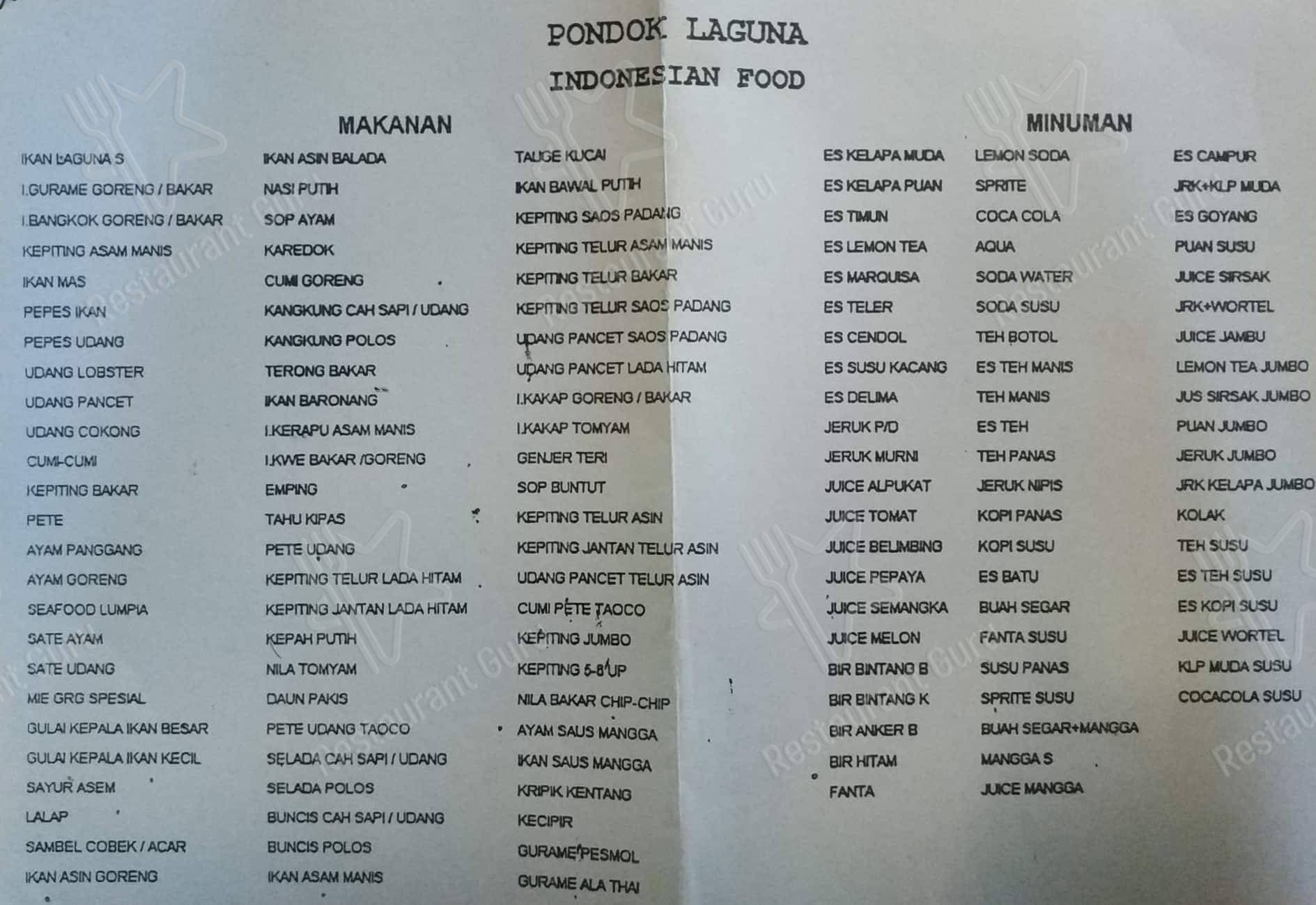 Menu at Pondok Laguna restaurant, Jakarta, 3