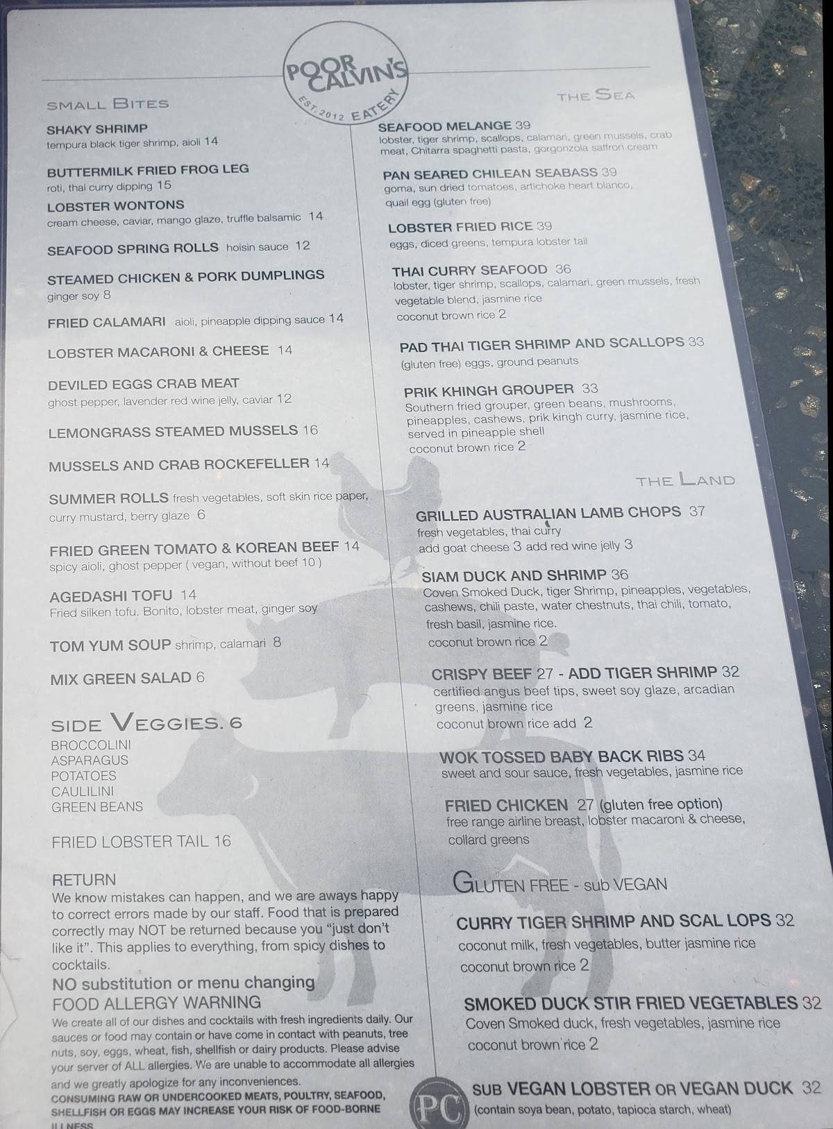 Menu at Poor Calvin's restaurant, Atlanta