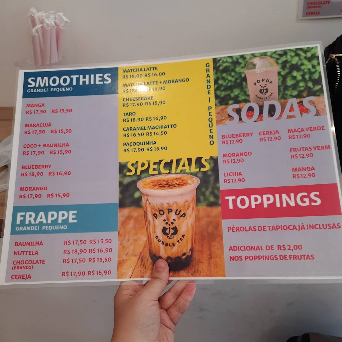 Menu em Pop Up Bubble Tea, Torres