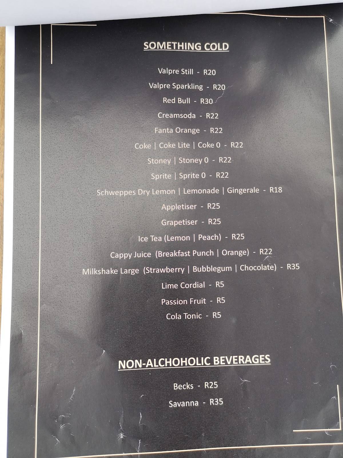Menu at The Fireside restaurant, Port Elizabeth