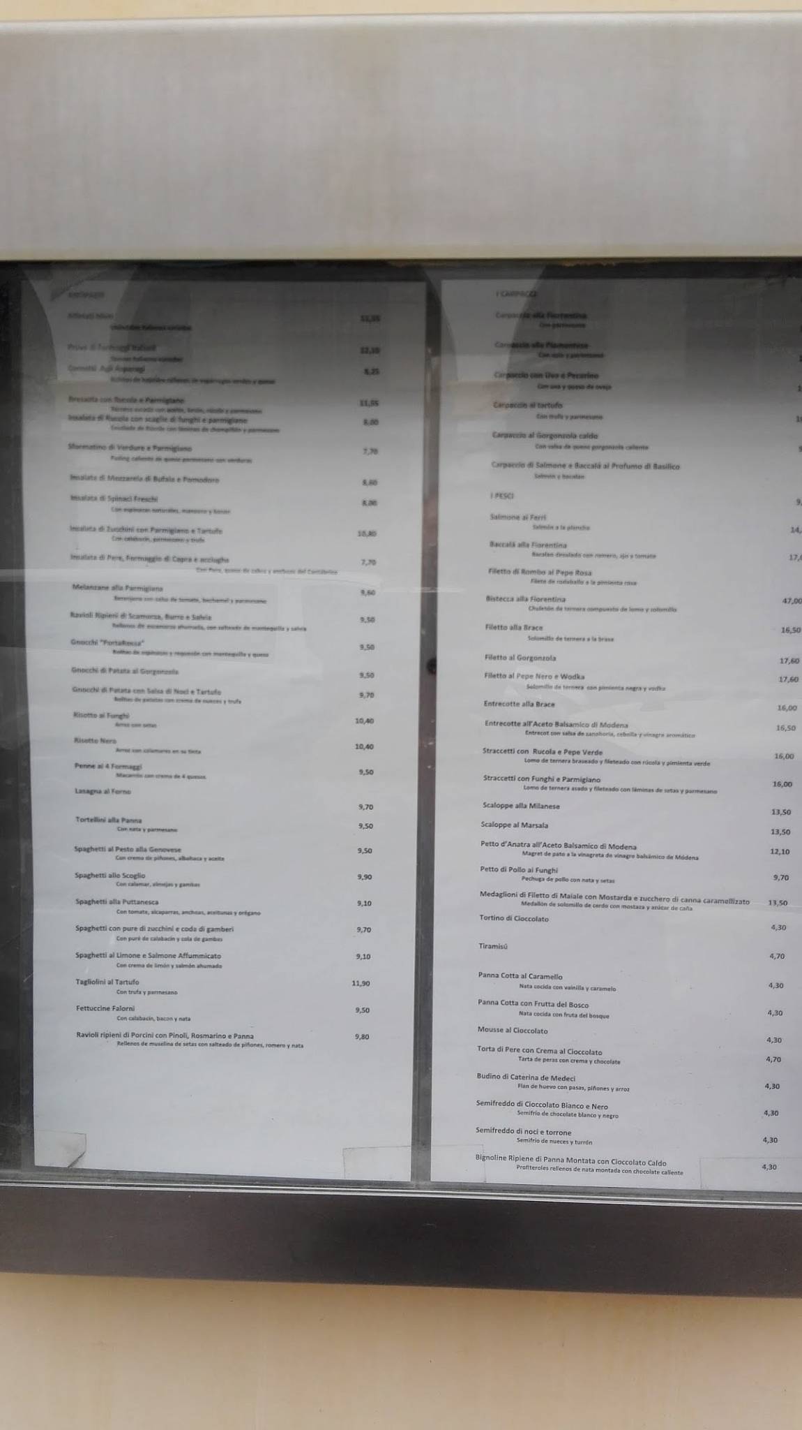 Carta del restaurante Porta Rossa, Sevilla
