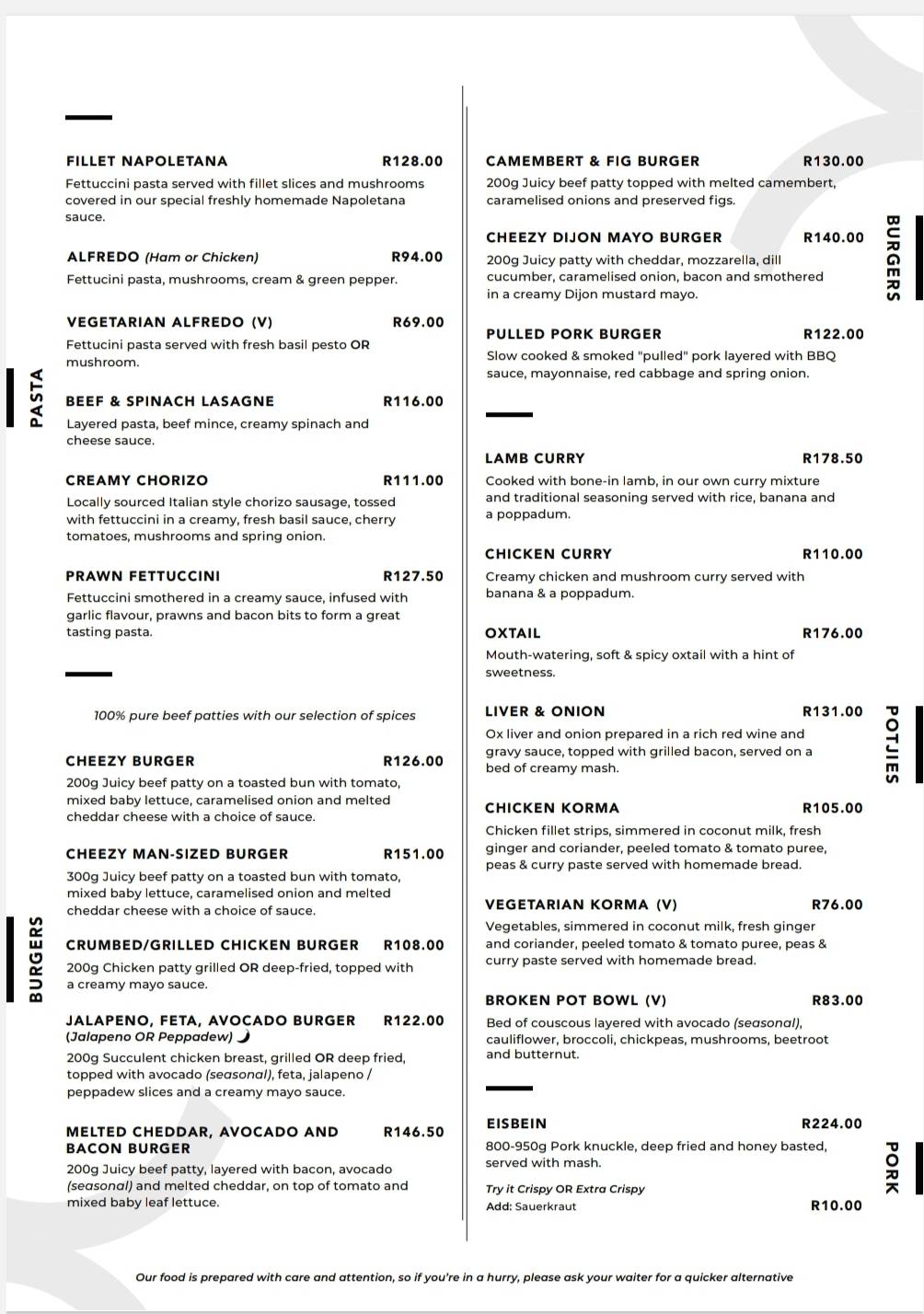Menu at The Broken Pot restaurant, Potchefstroom