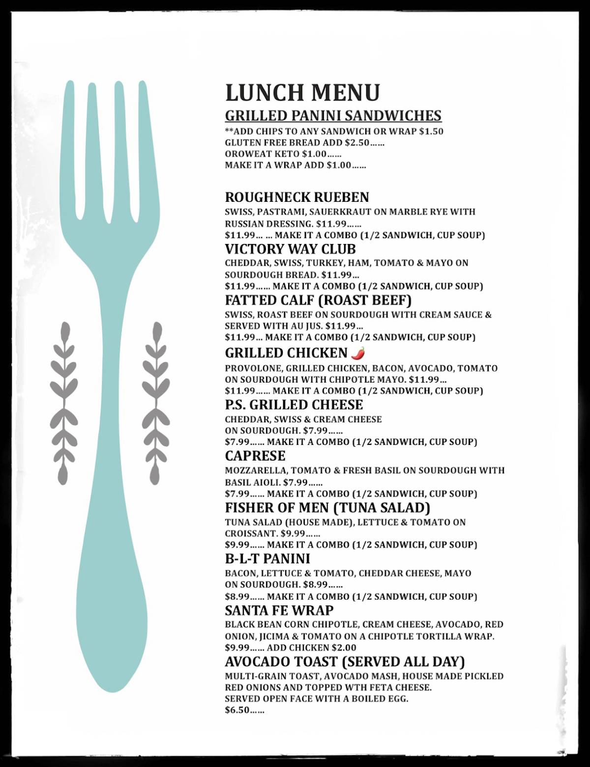 Menu at Prodigal Son’s Coffee House & Eatery, Craig