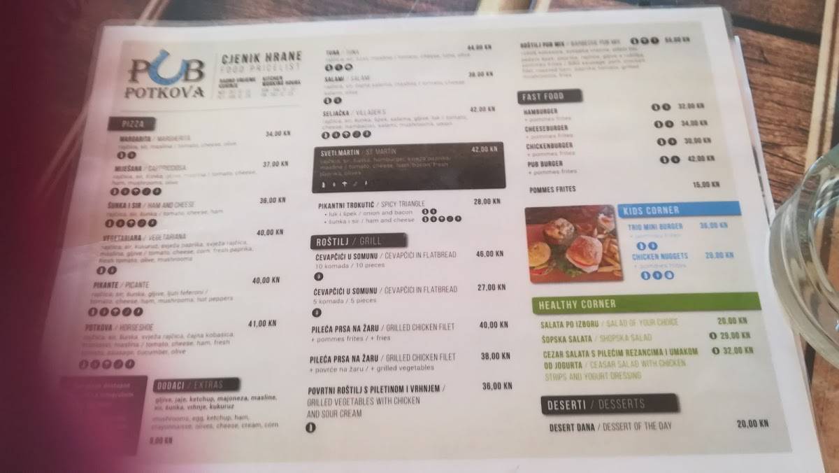 Menu at Pub Potkova, Gradiščak