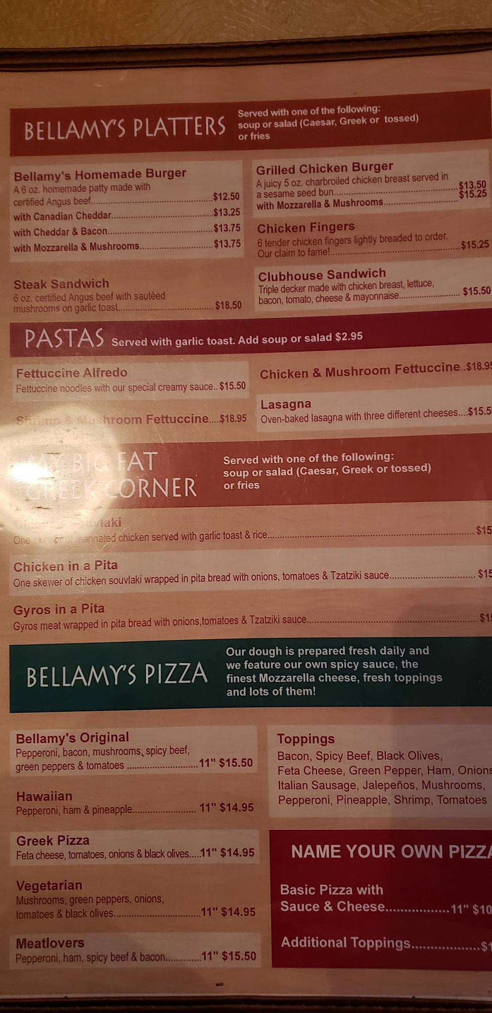 Menu at Bellamy's Restaurant & Bar, Winnipeg