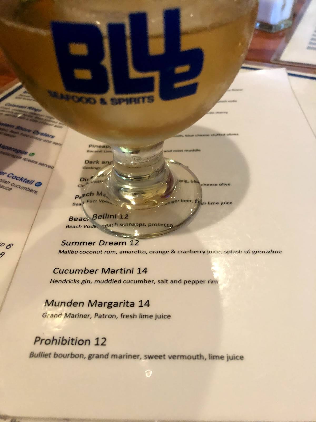 Menu at Blue Seafood & Spirits pub & bar, Virginia Beach