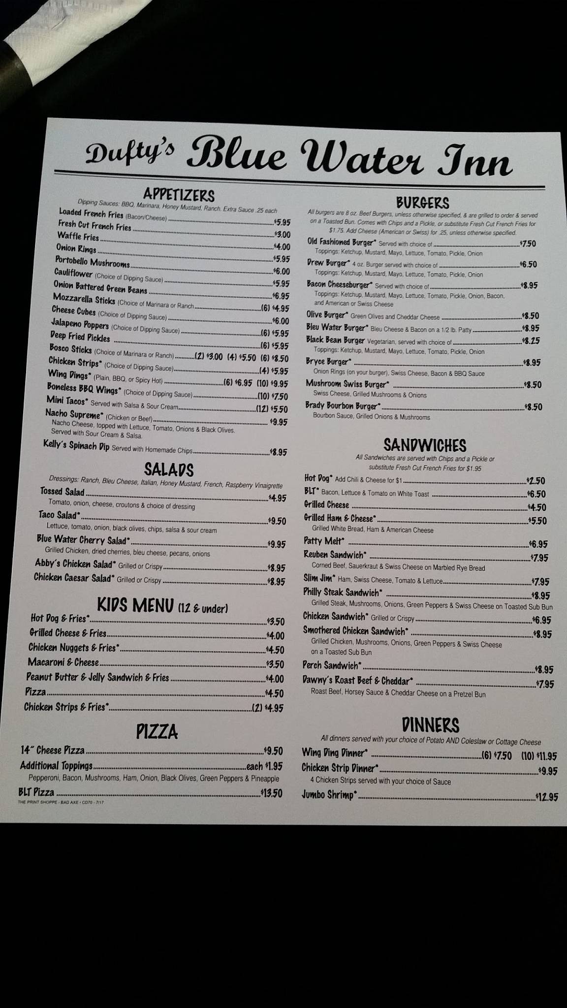 Menu at Blue Water Inn pub & bar, Caseville
