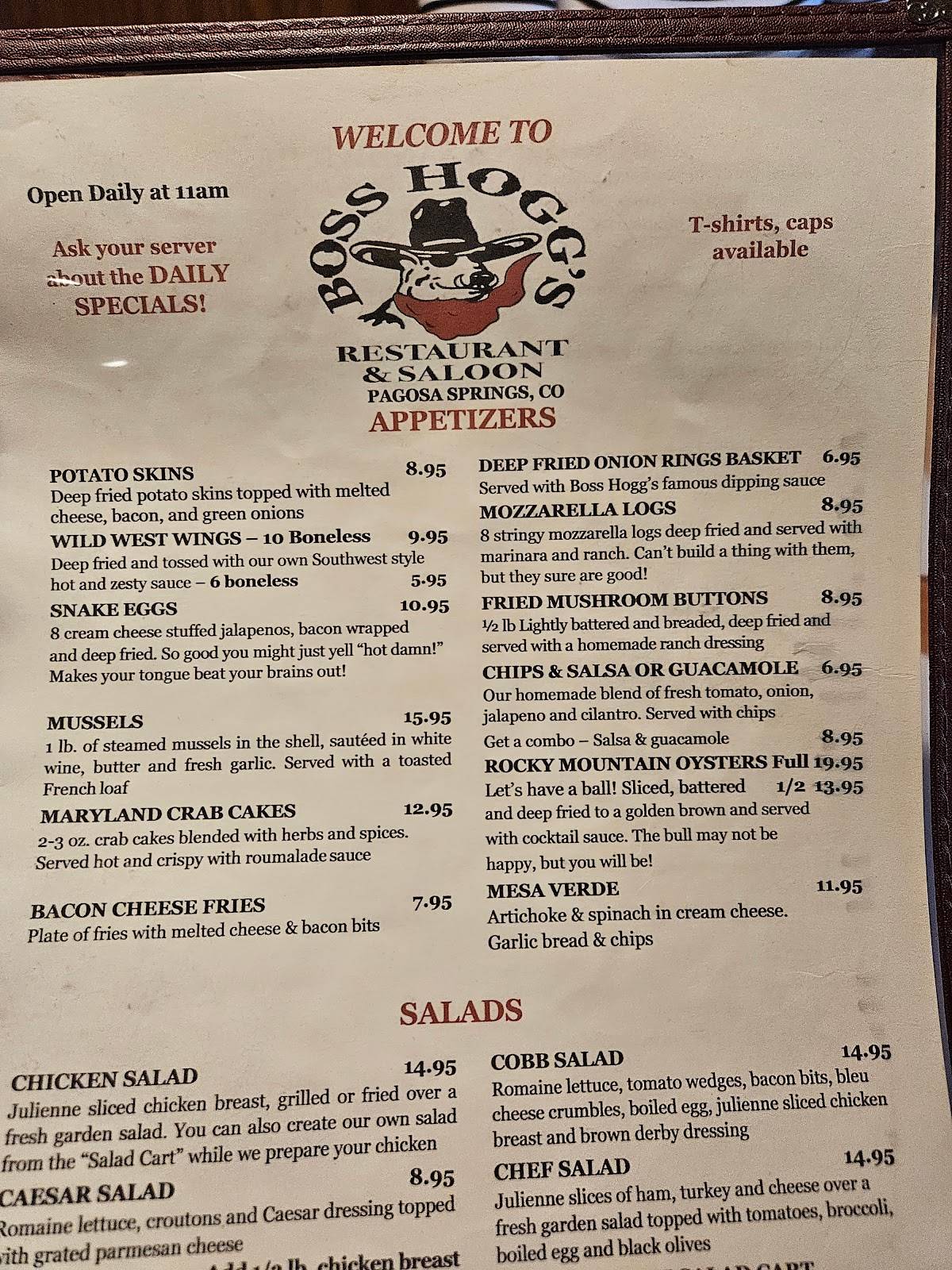 Menu at Boss Hogg's Restaurant & Saloon, Pagosa Springs