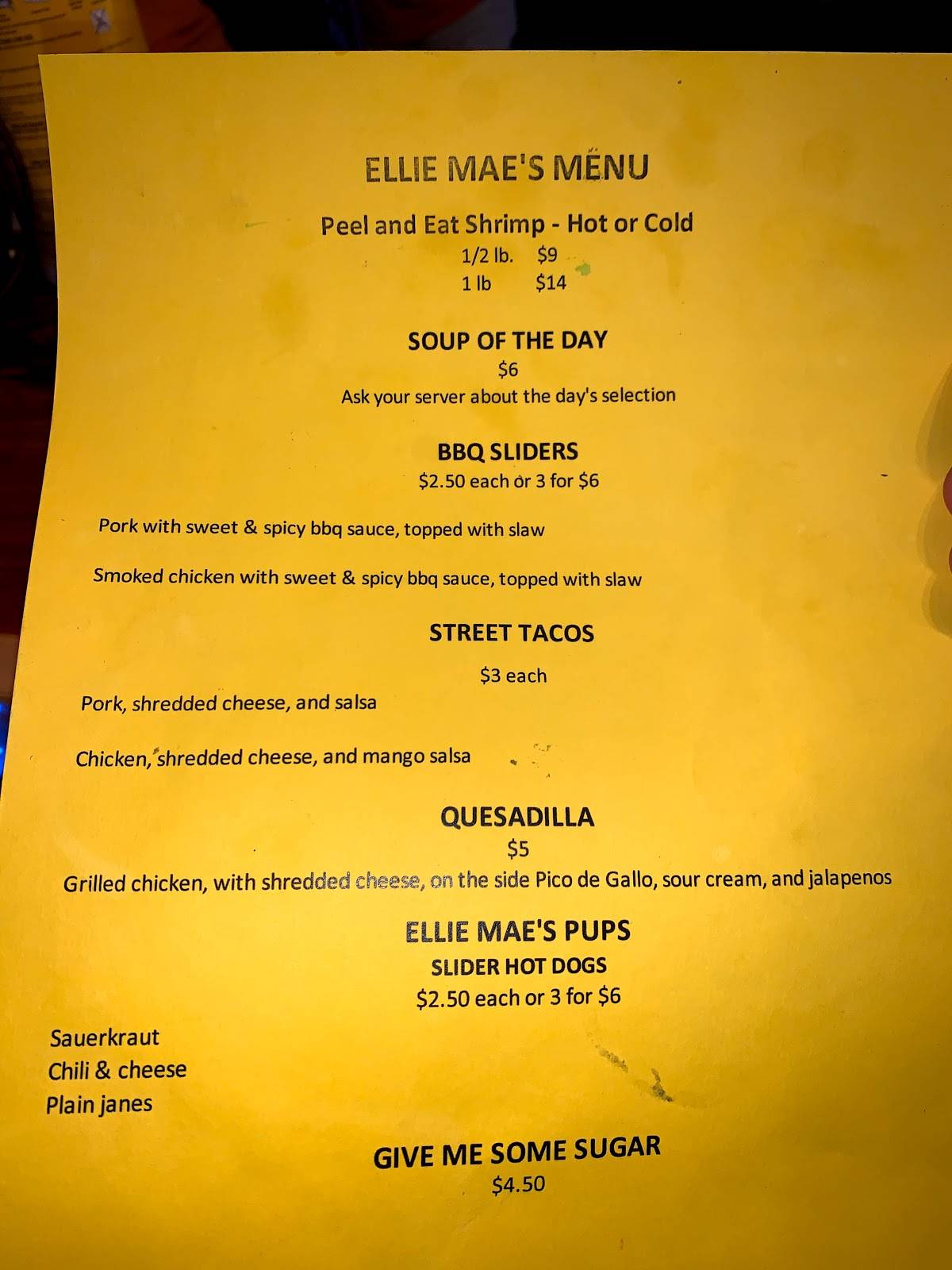 Menu at Ellie Mae's Tiki Bar, Cape Canaveral