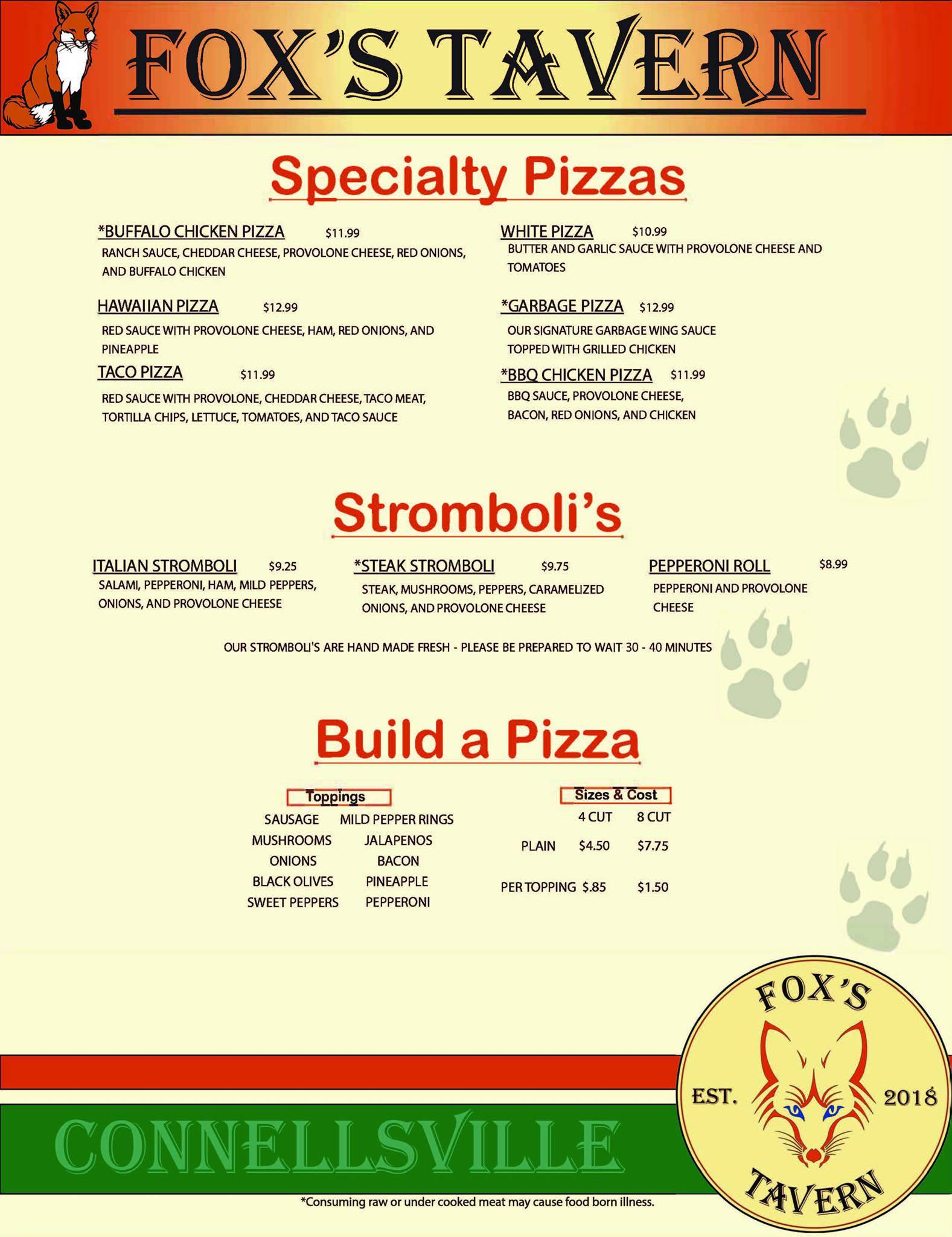 Menu at Fox’s Tavern pub & bar, Connellsville
