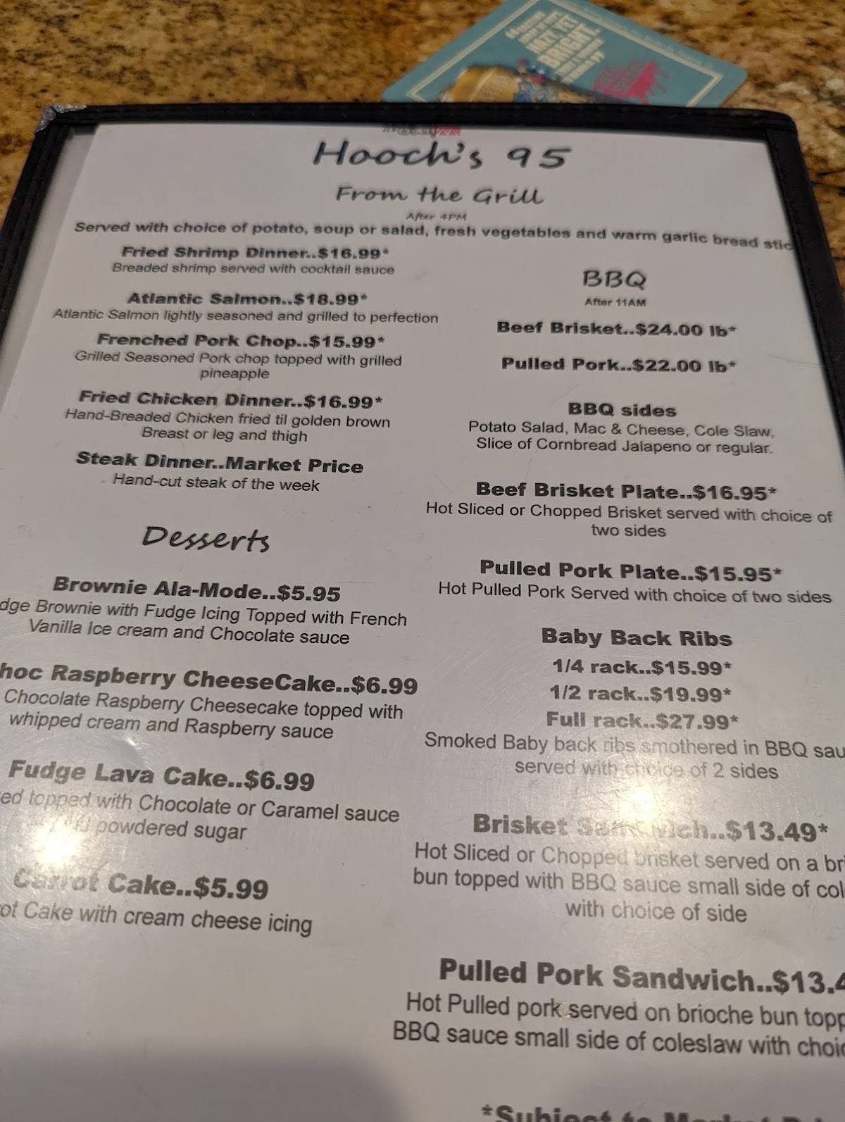 Menu at Hooch's 95 Bar & Grill, Fort Mohave