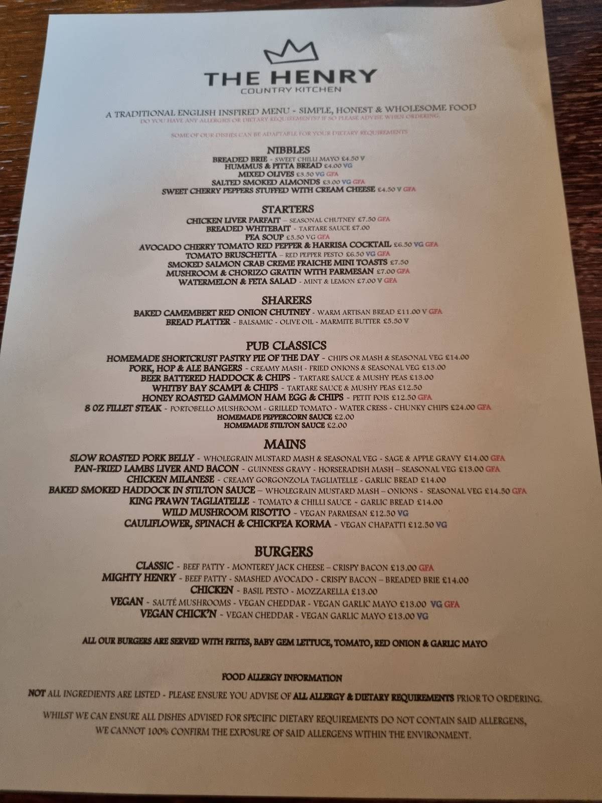 Menu at King Henry Ⅷ pub & bar, Hever