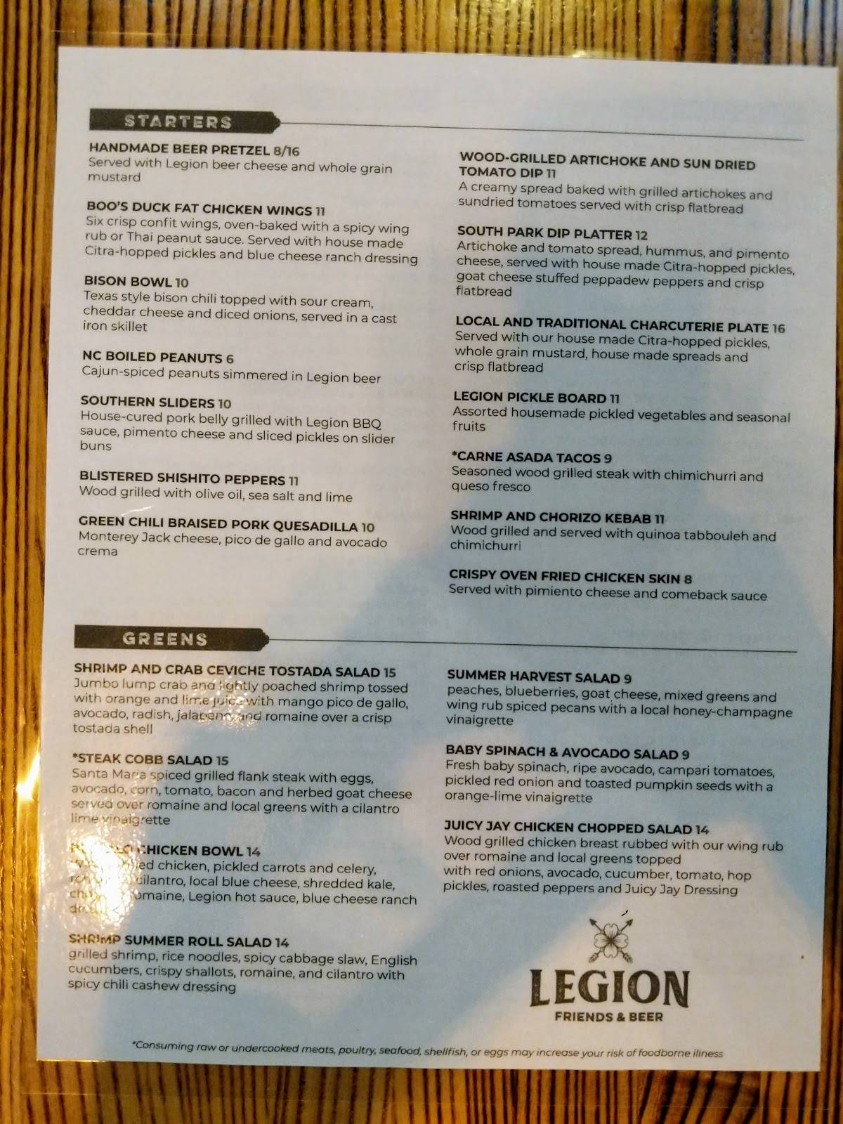 Menu at Legion Brewing South Park pub & bar, Charlotte