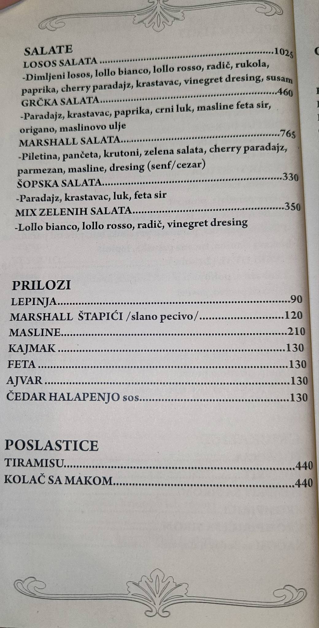 Menu at Marshall Pub, Belgrade, Ćirila i Metodija 2