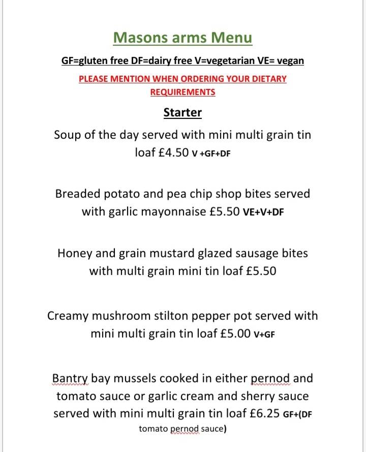 Menu at Masons Arms pub & bar, Gilcrux, Wigton