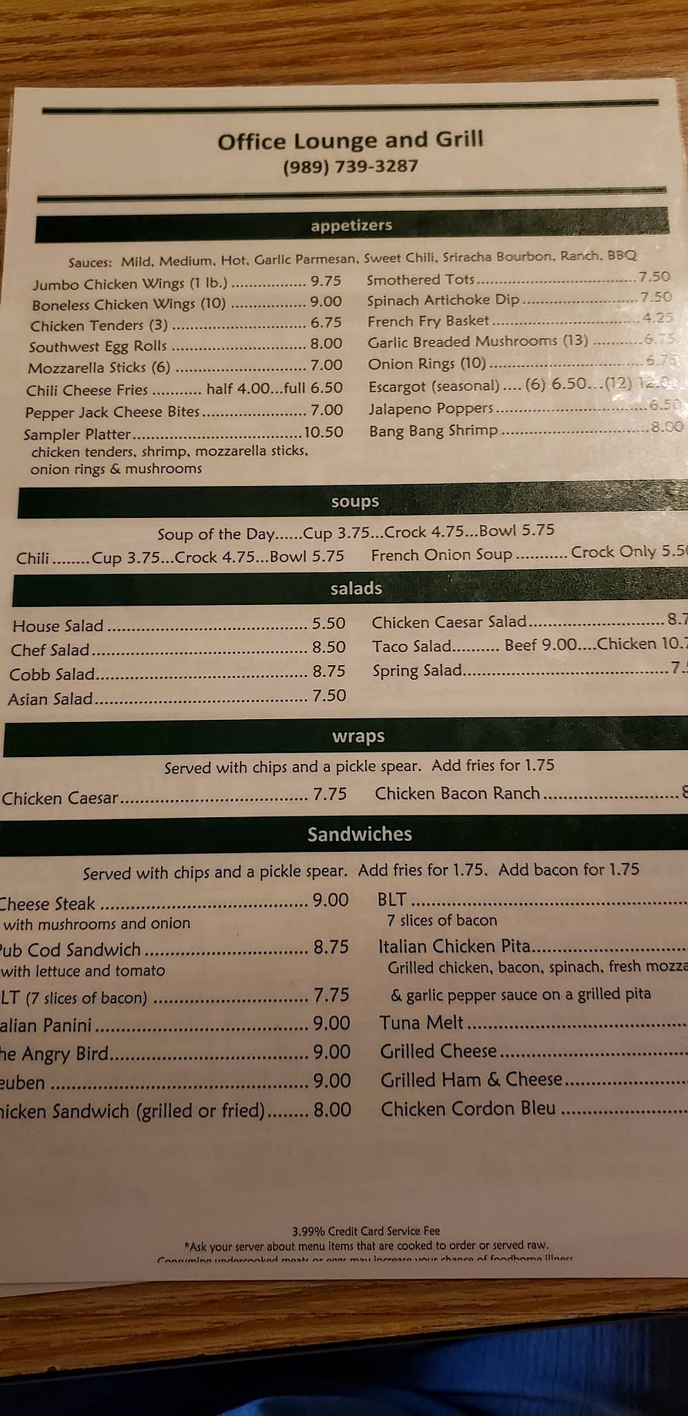 Menu at Office Lounge & Grill pub & bar, Oscoda Township