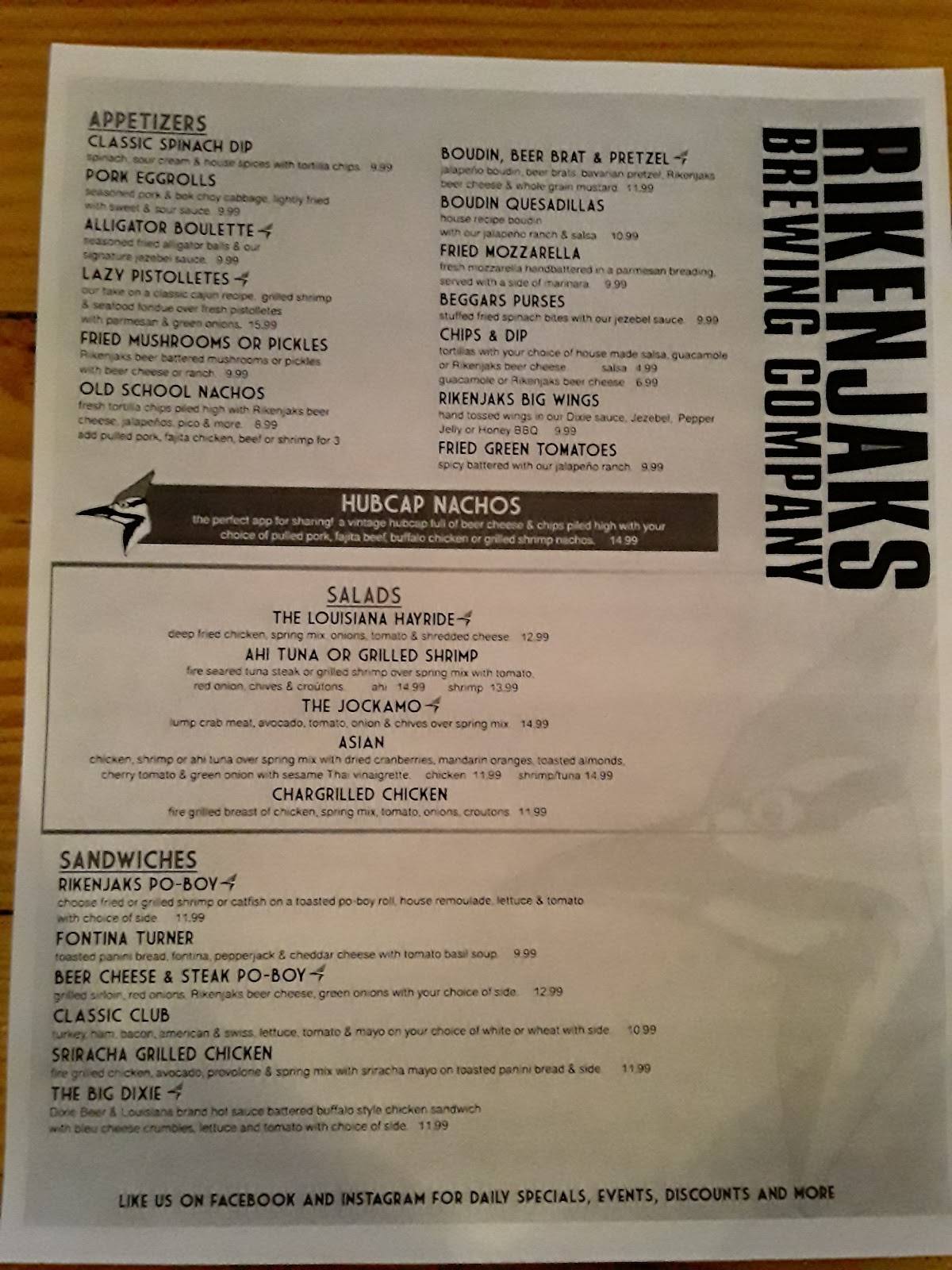 Menu at Rikenjaks Brewing Company pub & bar, Vidor