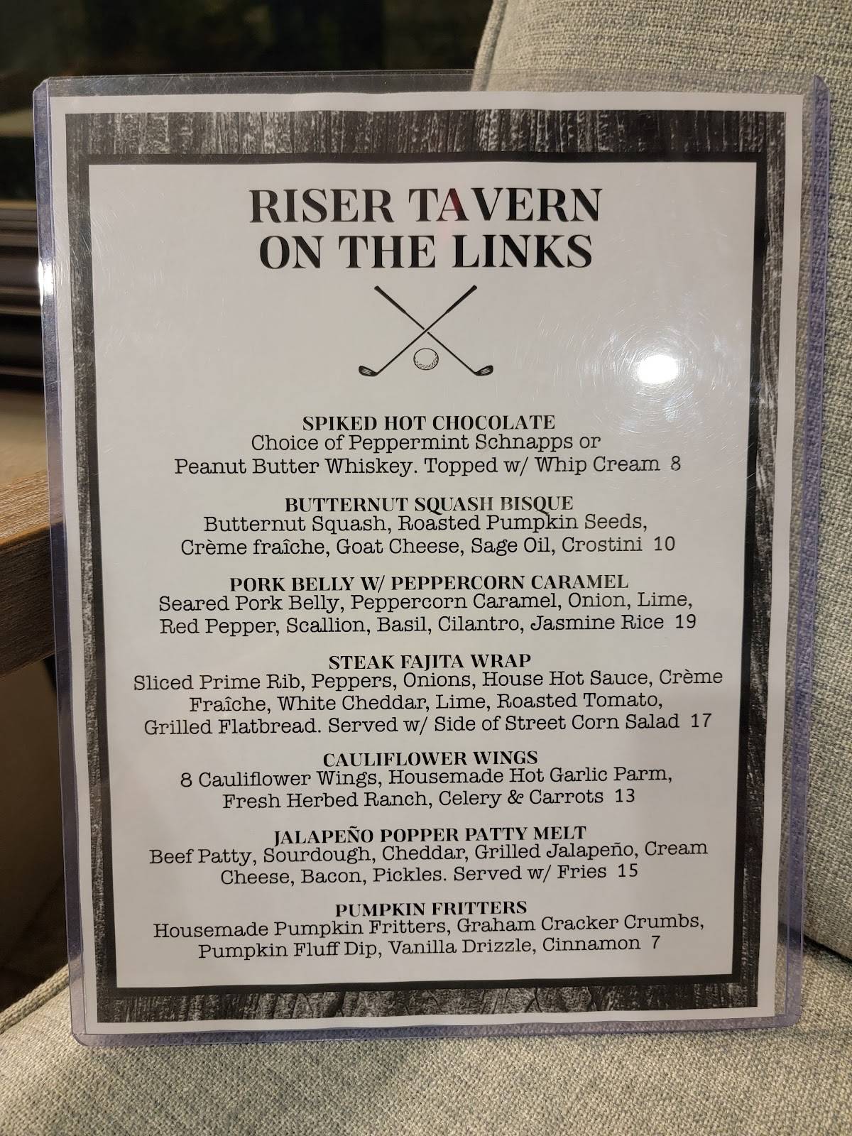 Menu at Riser Tavern on the Links pub & bar, Columbiana
