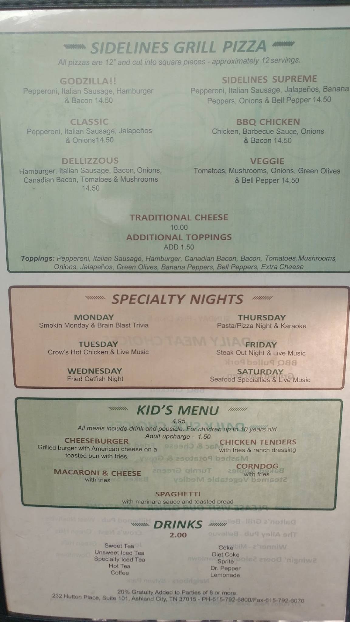 Menu at Sidelines Grill Ashland City pub & bar, Ashland City, 232 ...