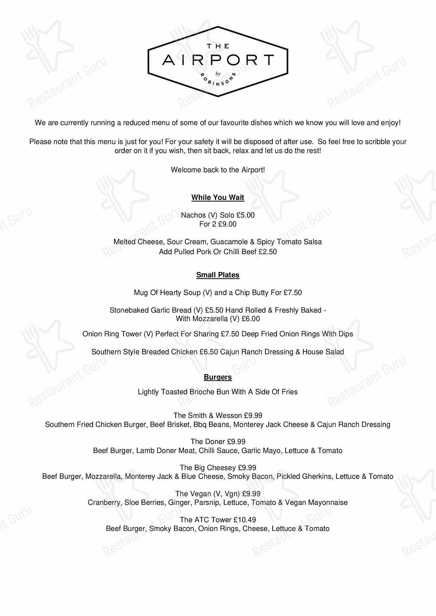 Menu at Airport Pub, Manchester Airport, Ringway