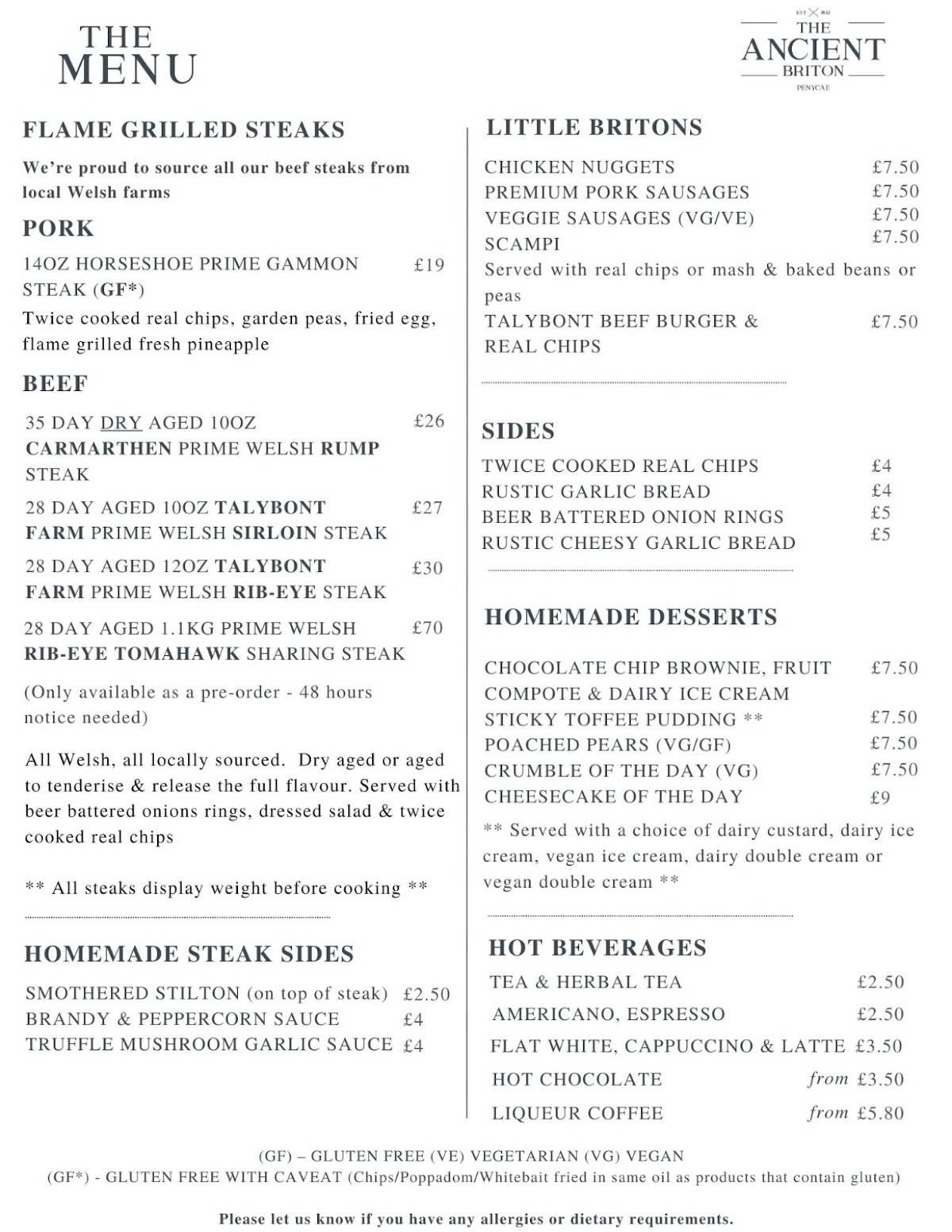 Menu at The Ancient Briton pub & bar, Pen-y-cae