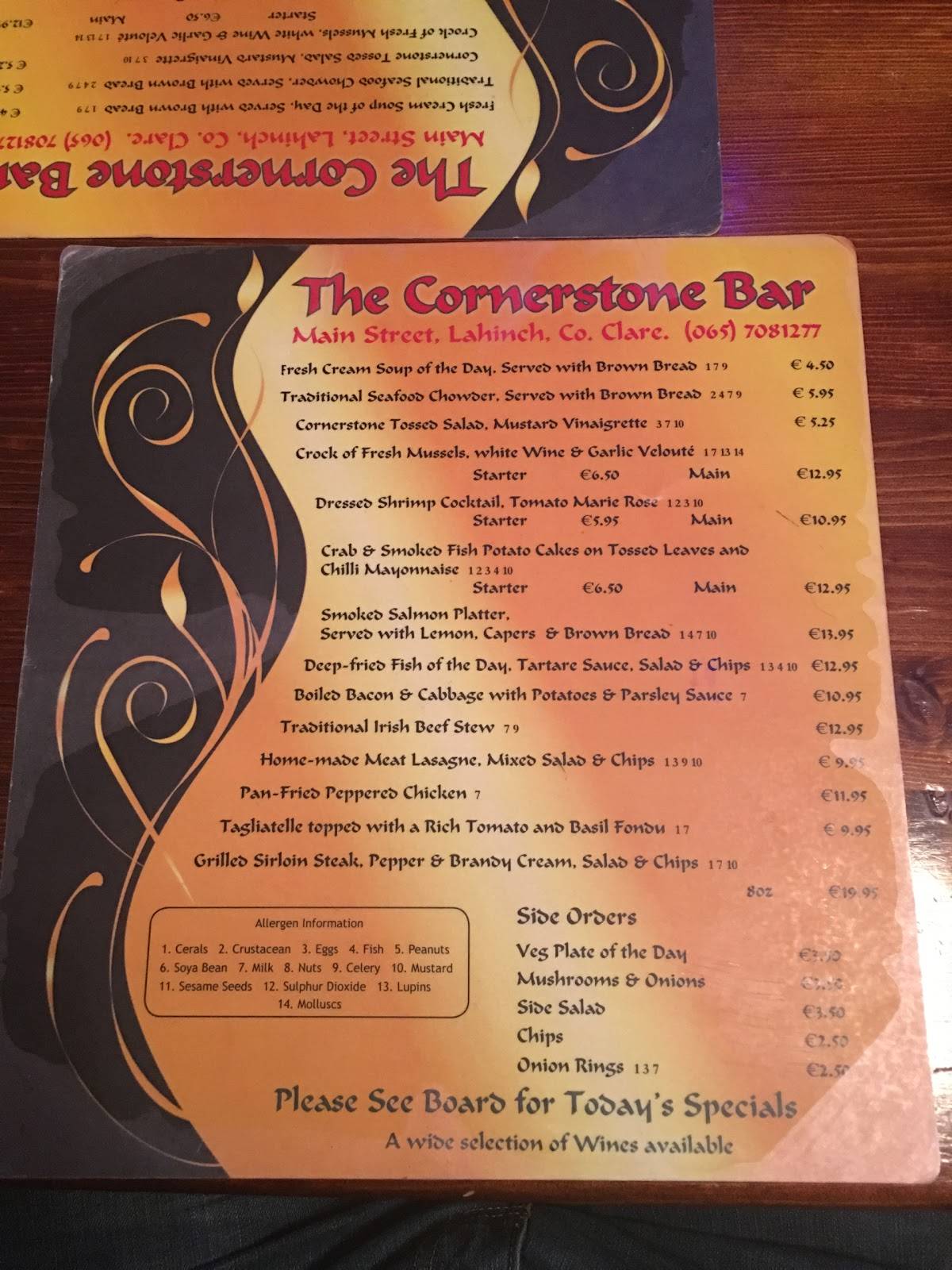 Menu at The Corner Stone Bar and Restaurant, Lahinch